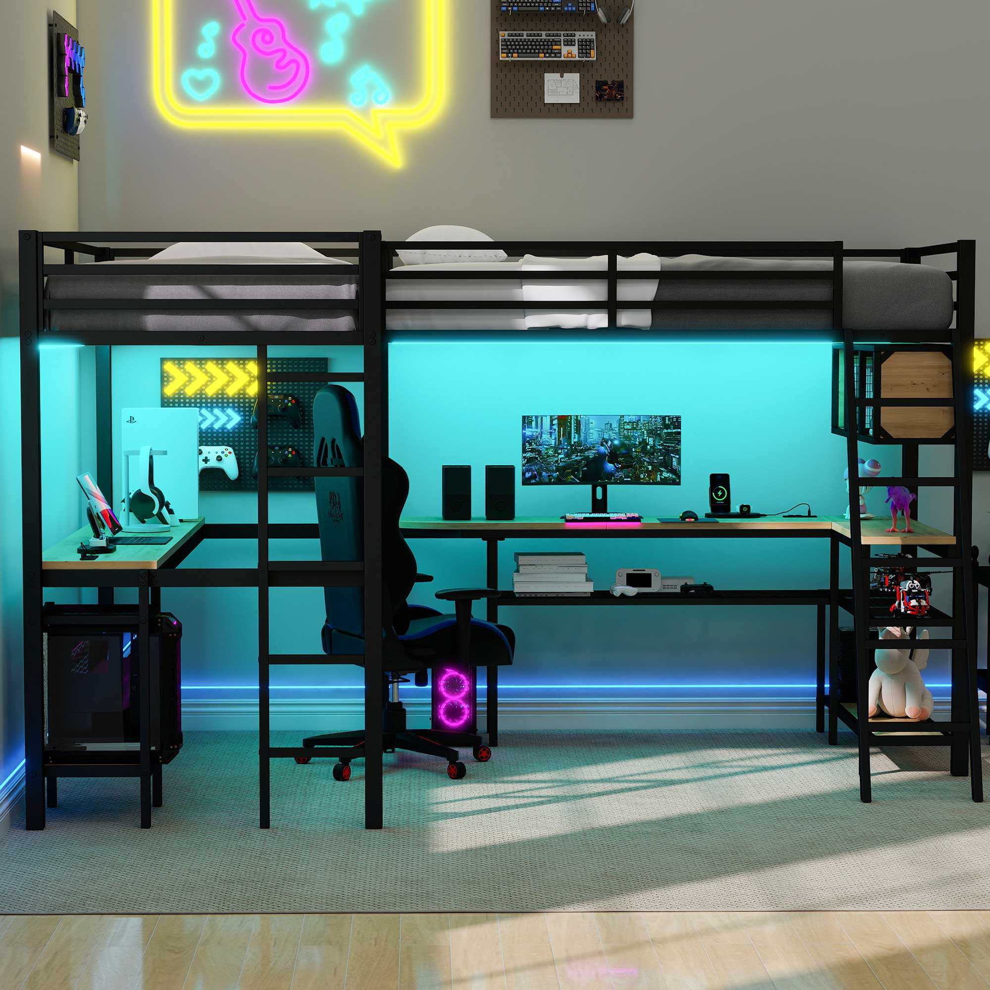 Harriet Bee L-shaped Loft Bed With Desks, Led And Charging Stations ...