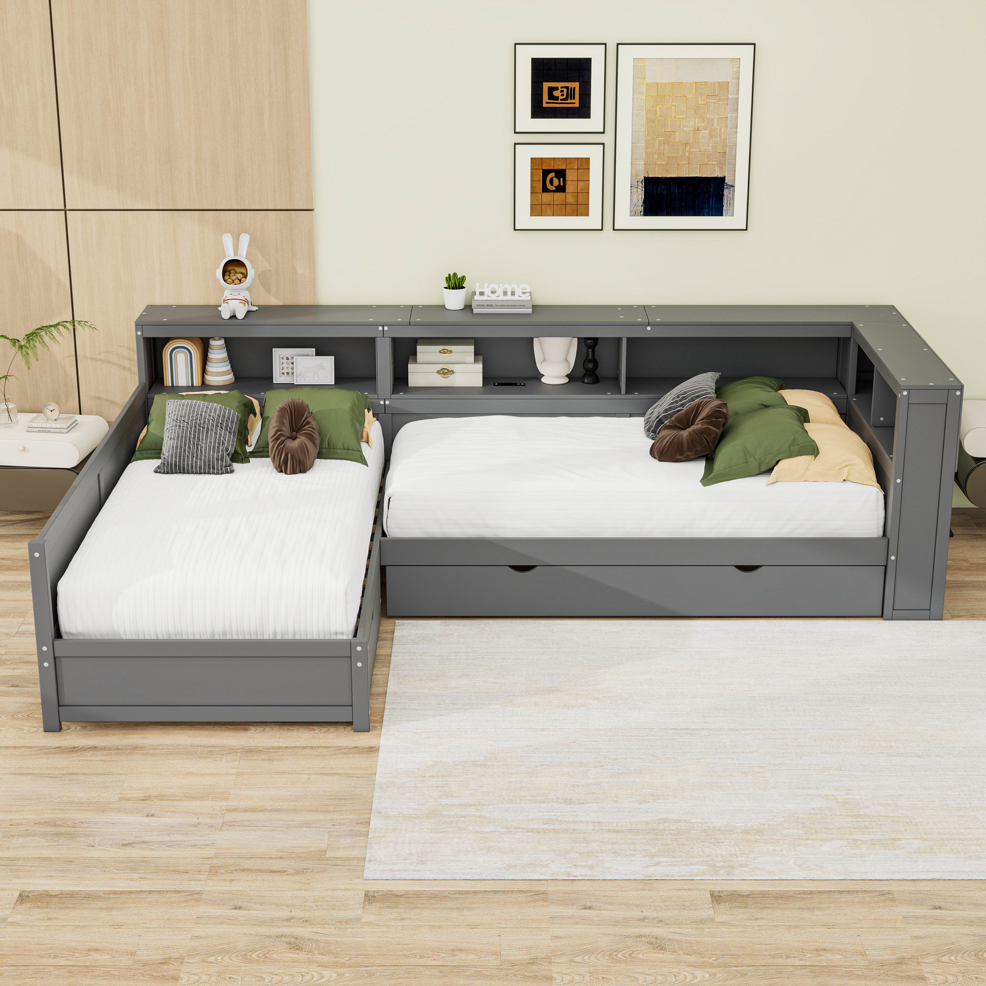 Lark Manor™ Twin Size L-Shaped Platform Bed with Twin Trundle and ...