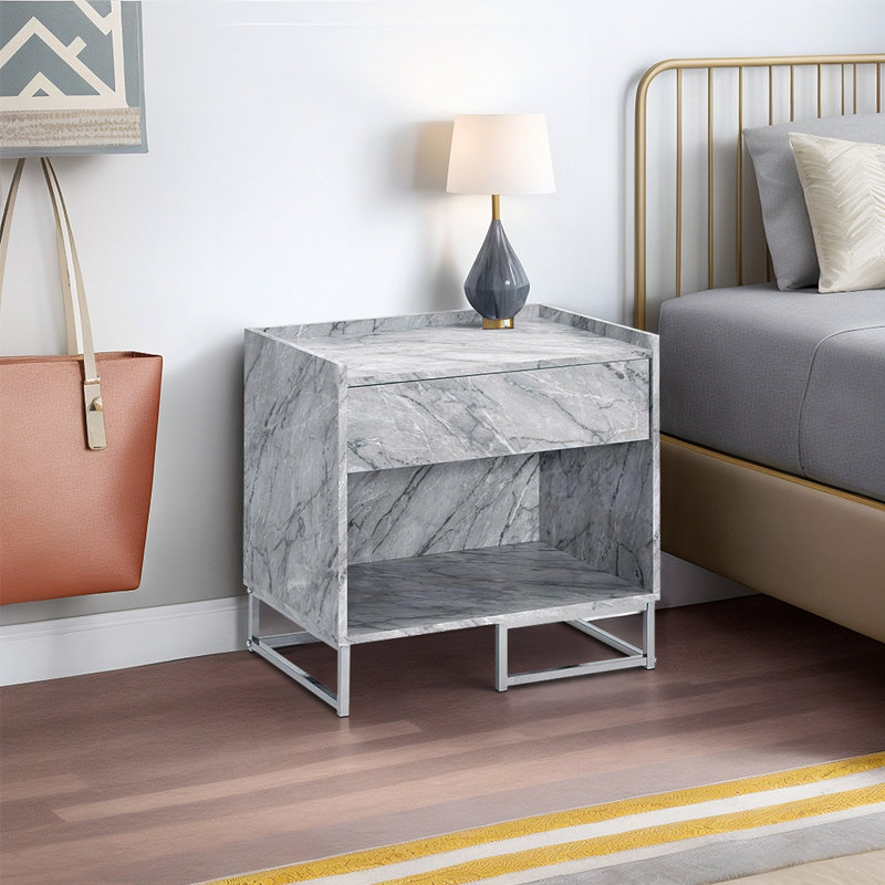 Wrought Studio™ Faux Marble Nightstand With Metal Base | Wayfair