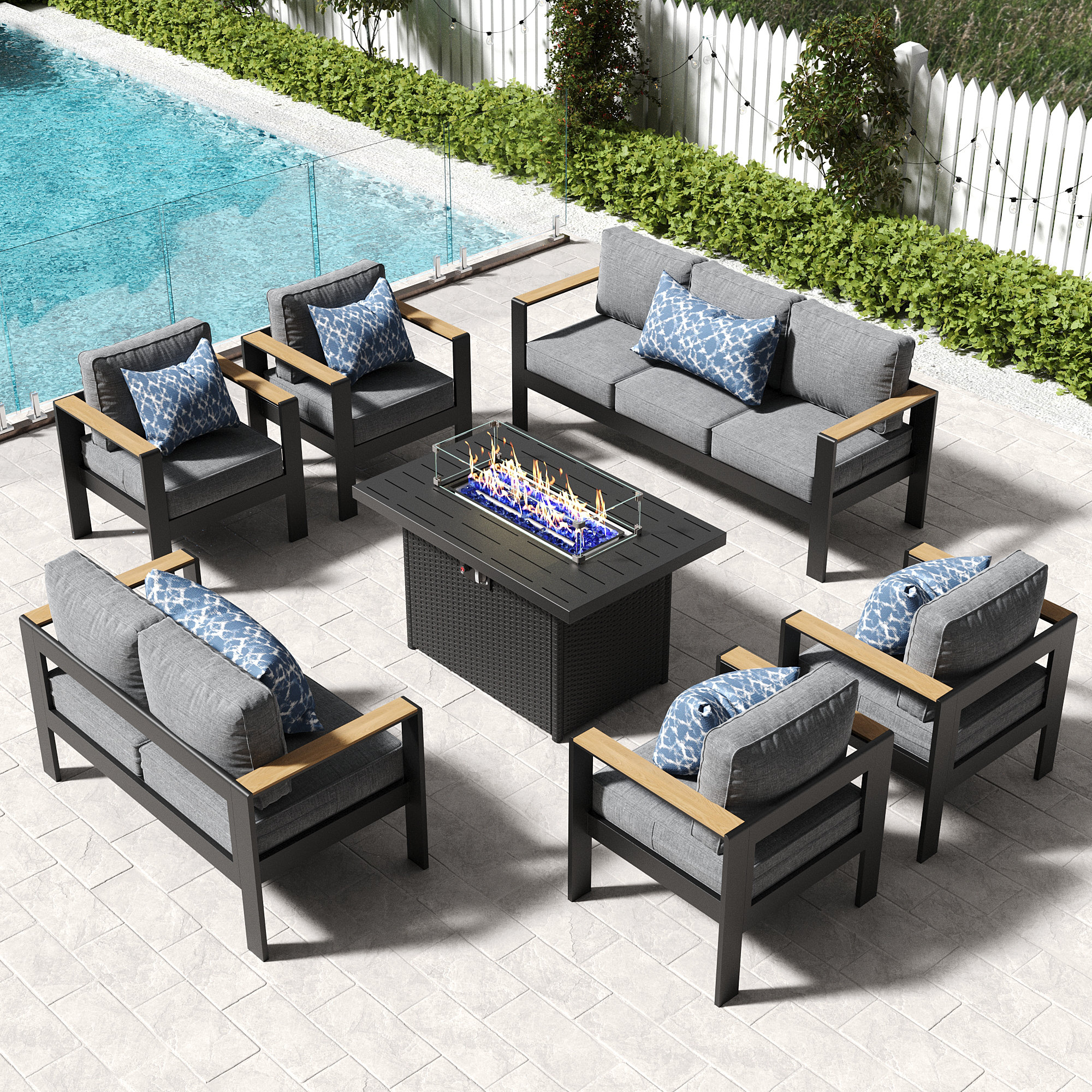 Latitude Run® Outdoor Aluminum Furniture Set with Fire Pit Table ...