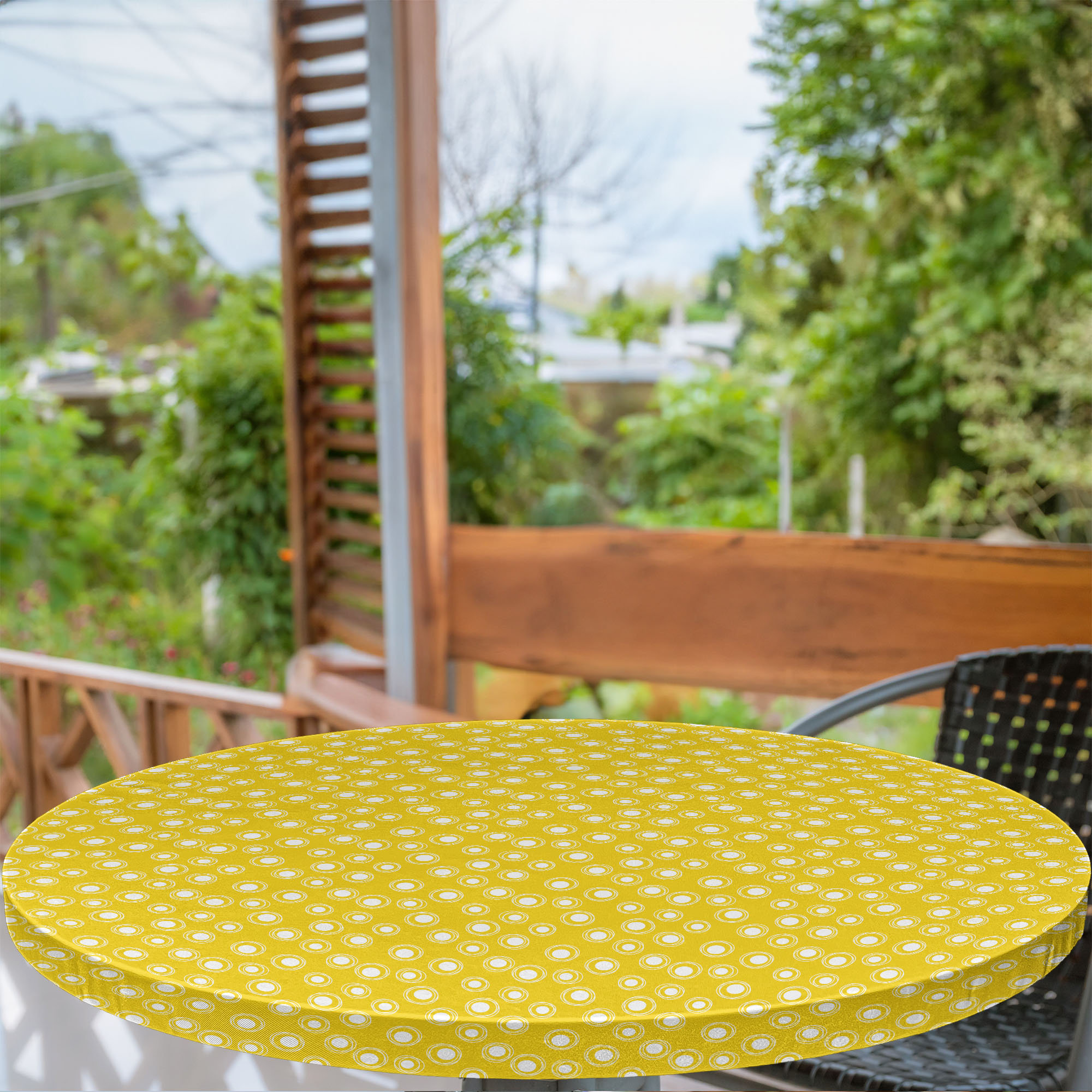 Ebern Designs Yellow and White Fitted Round Tablecloth Yellow and White ...