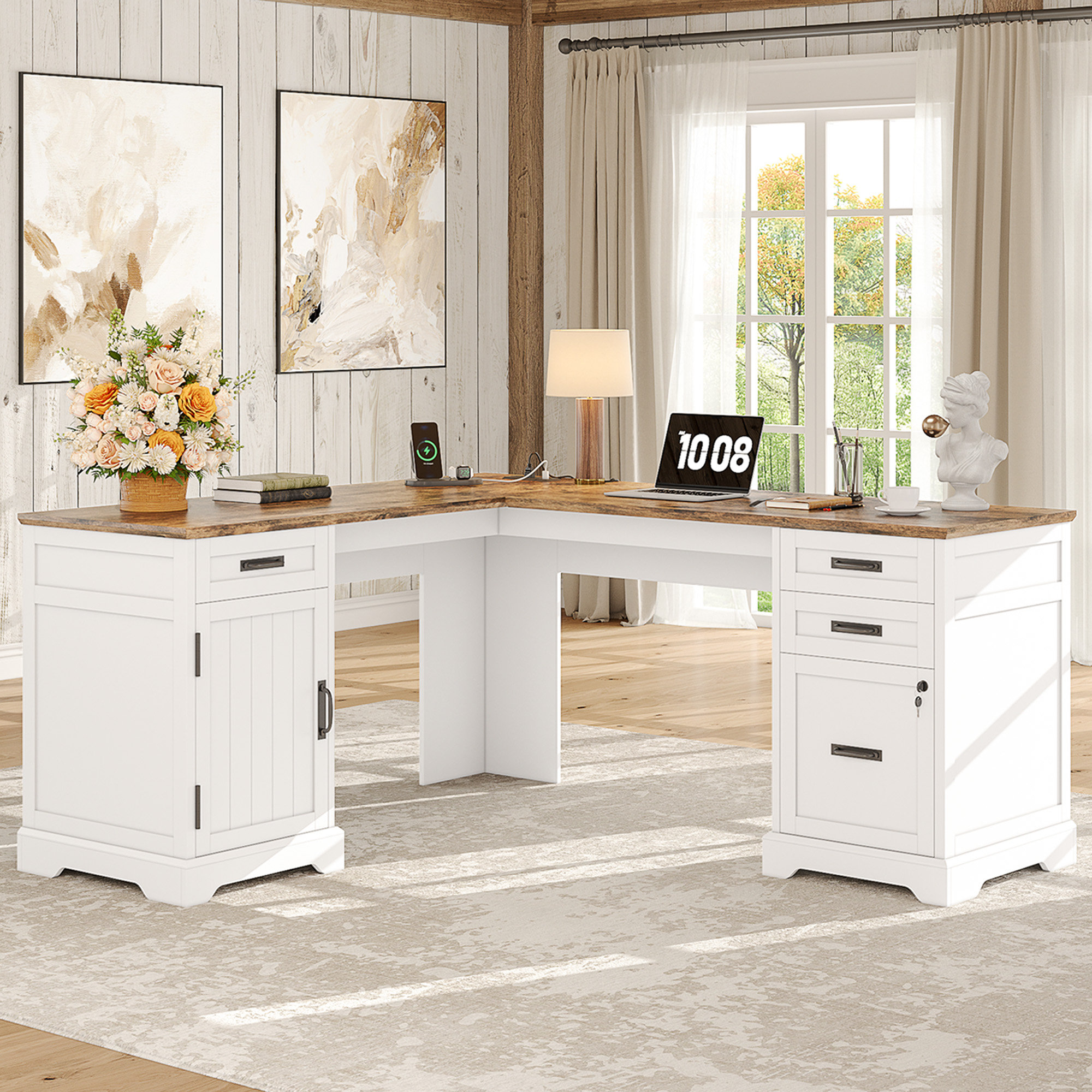 Lark Manor™ 67'' Farmhouse L Shaped Desk with Drawers, Home office ...