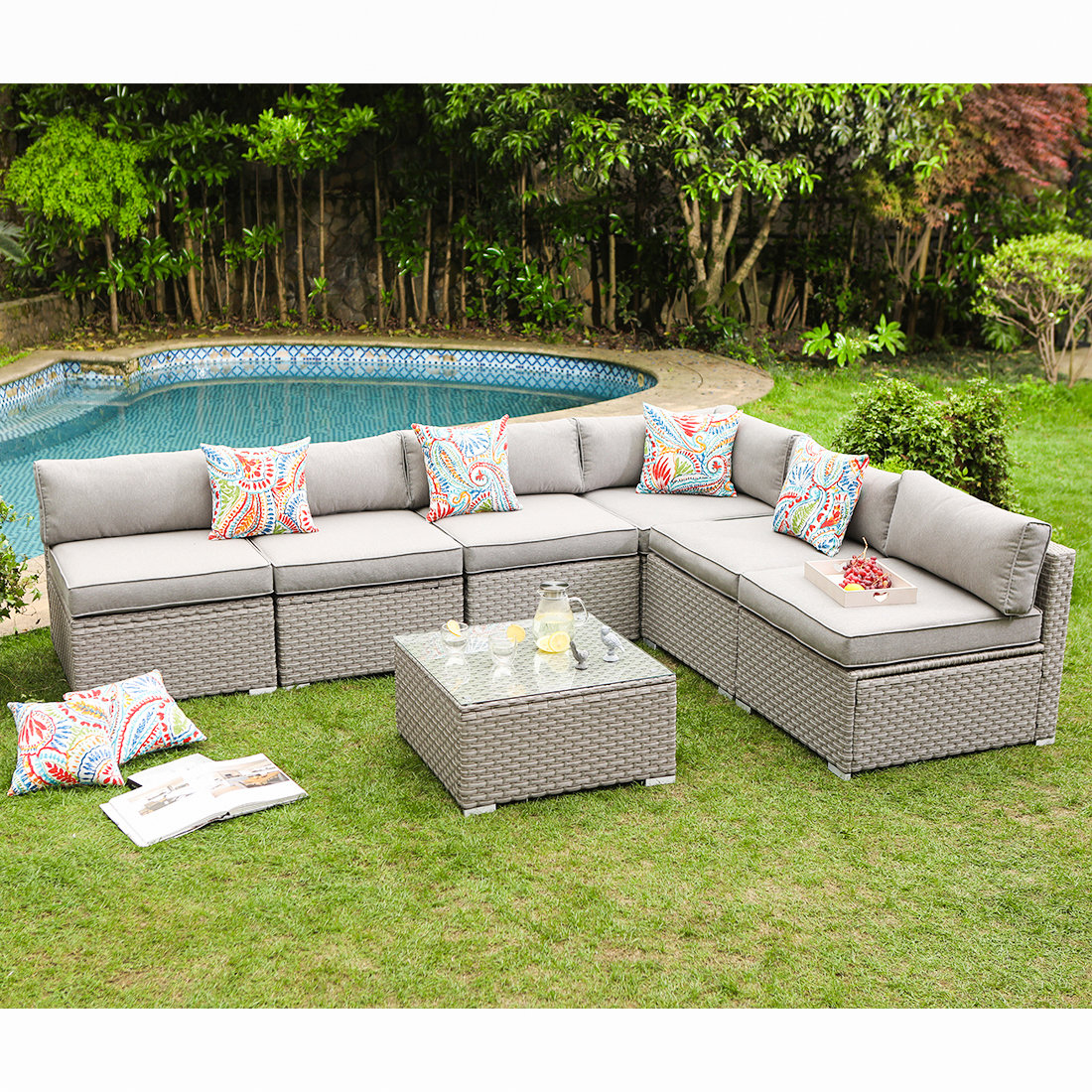 Wrought Studio™ Kemar 7-Piece Outdoor Furniture Set Warm Gray Wicker ...