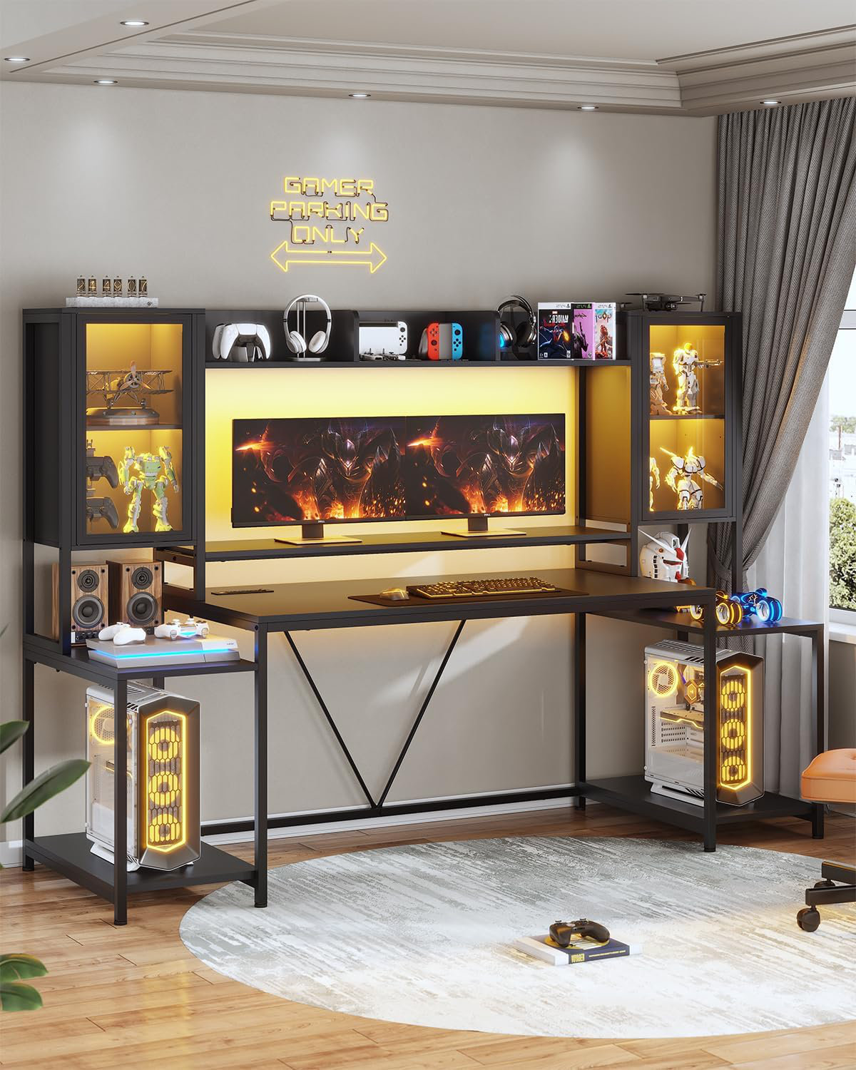 17 Stories Gaming Desk 74.8'' With Led Lights, Hutch And Storage ...