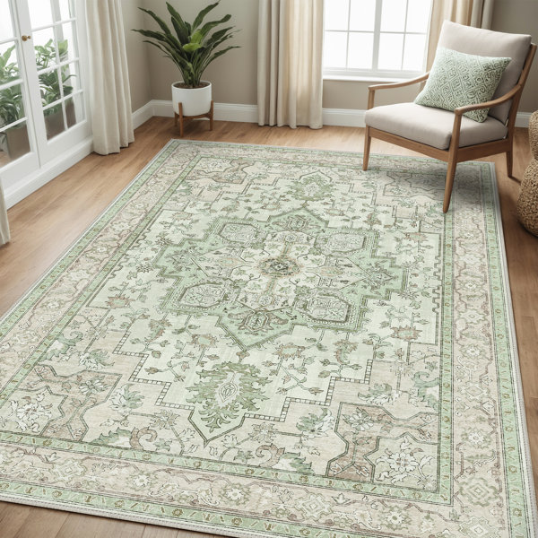 Bungalow Rose Roehit Oriental Green Area Rug Washable Non-Slip Rug ...