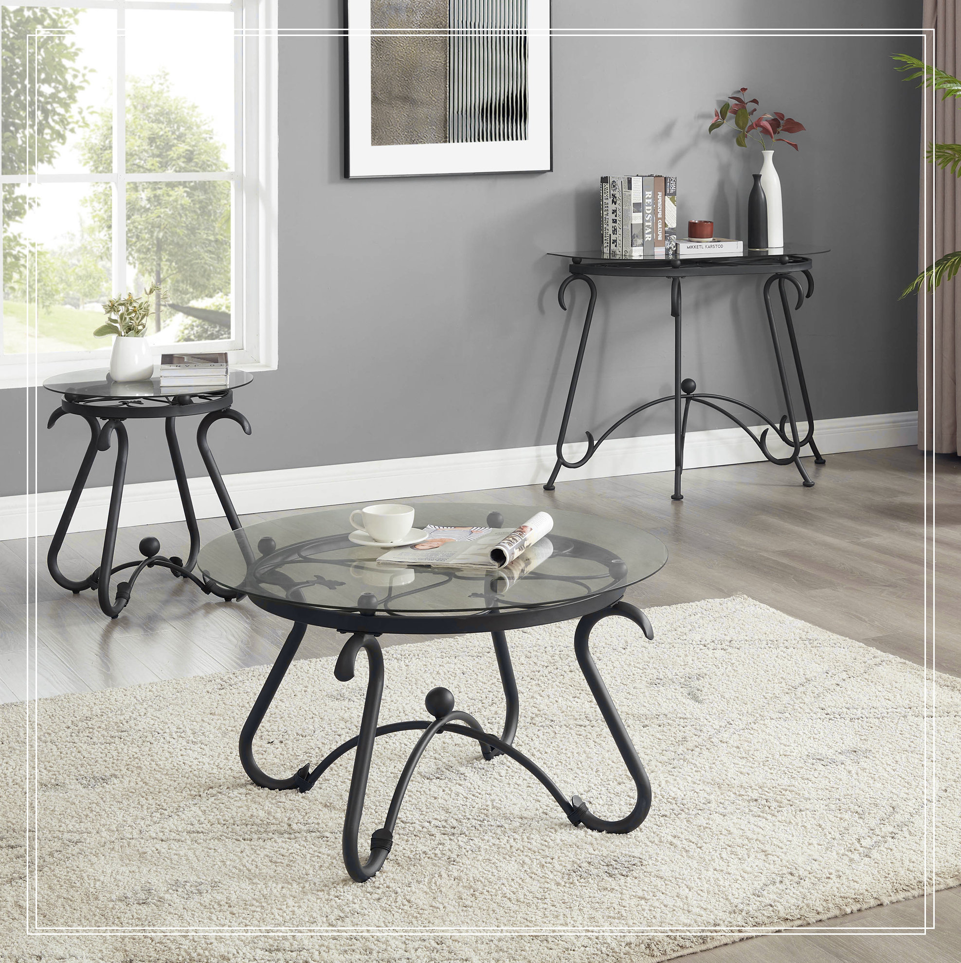 Lark Manor Tempered Glass Surface Console Table Coffee Table with ...