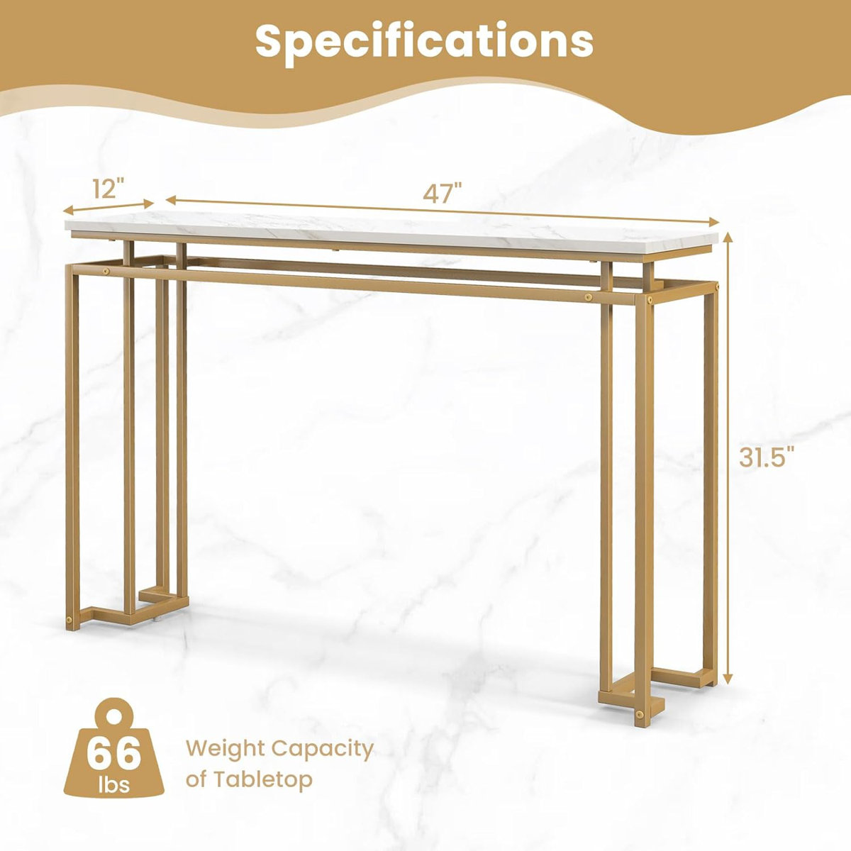 Mercer41 47” Gold Console Table, Narrow Console Table With Faux Marble ...