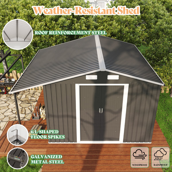 AMERLIFE Outdoor Storage Shed, Metal Shed with Sliding Doors Two 4-Pane ...