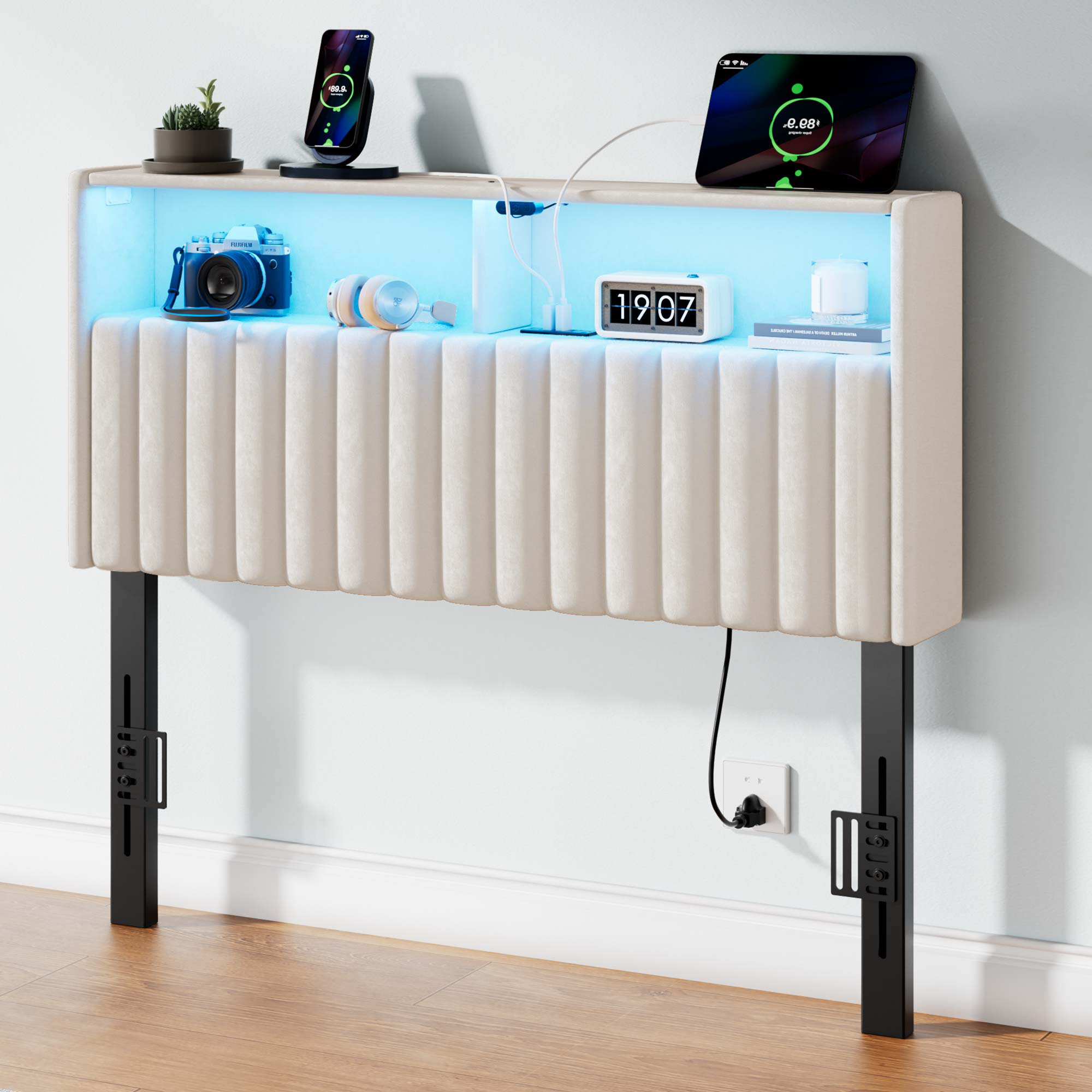 Rolanstar Storage Upholstered Headboard With RGB LED Lights & Charging ...