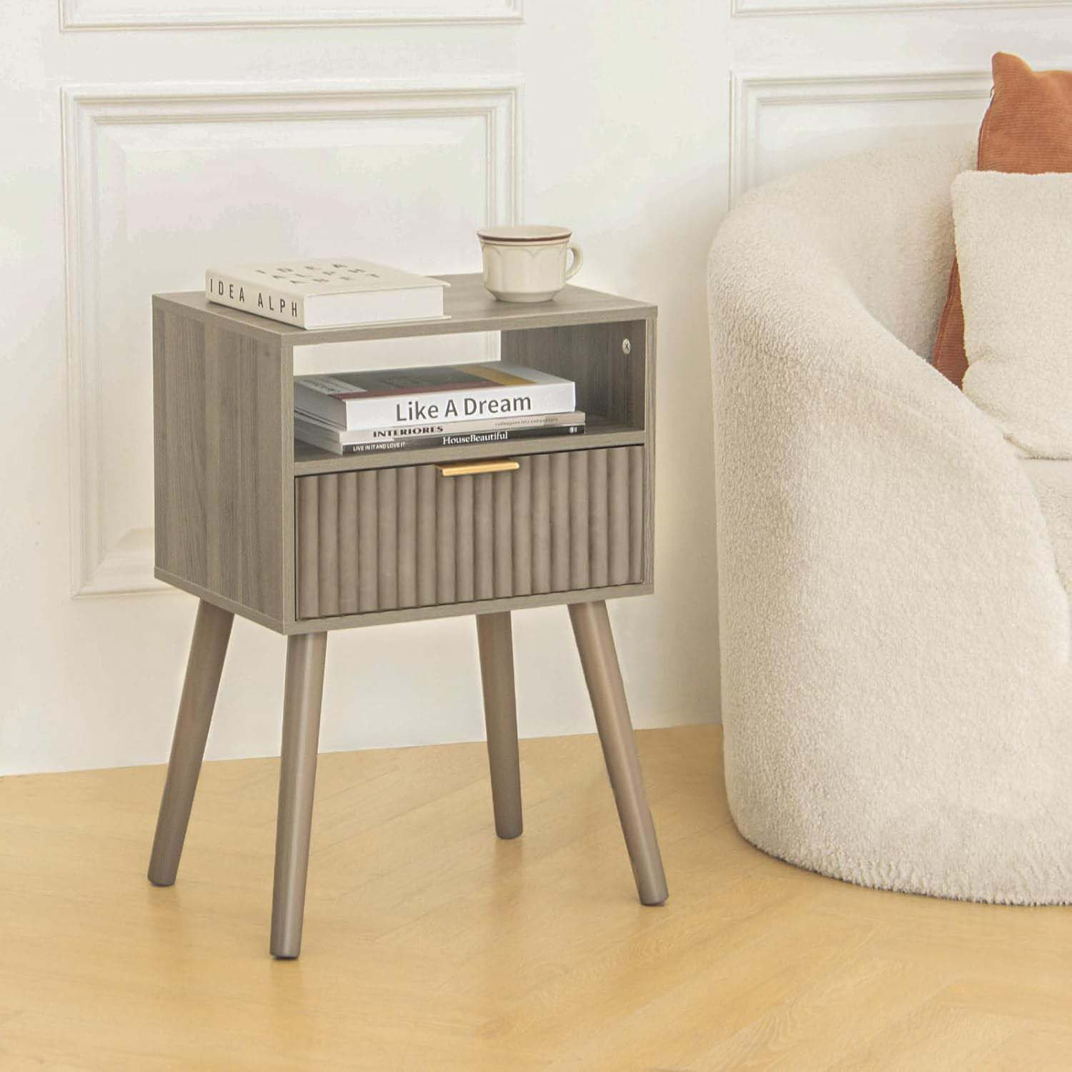 George Oliver Grey Nightstand, Modern Night Stand Wood, Fluted Bedside ...