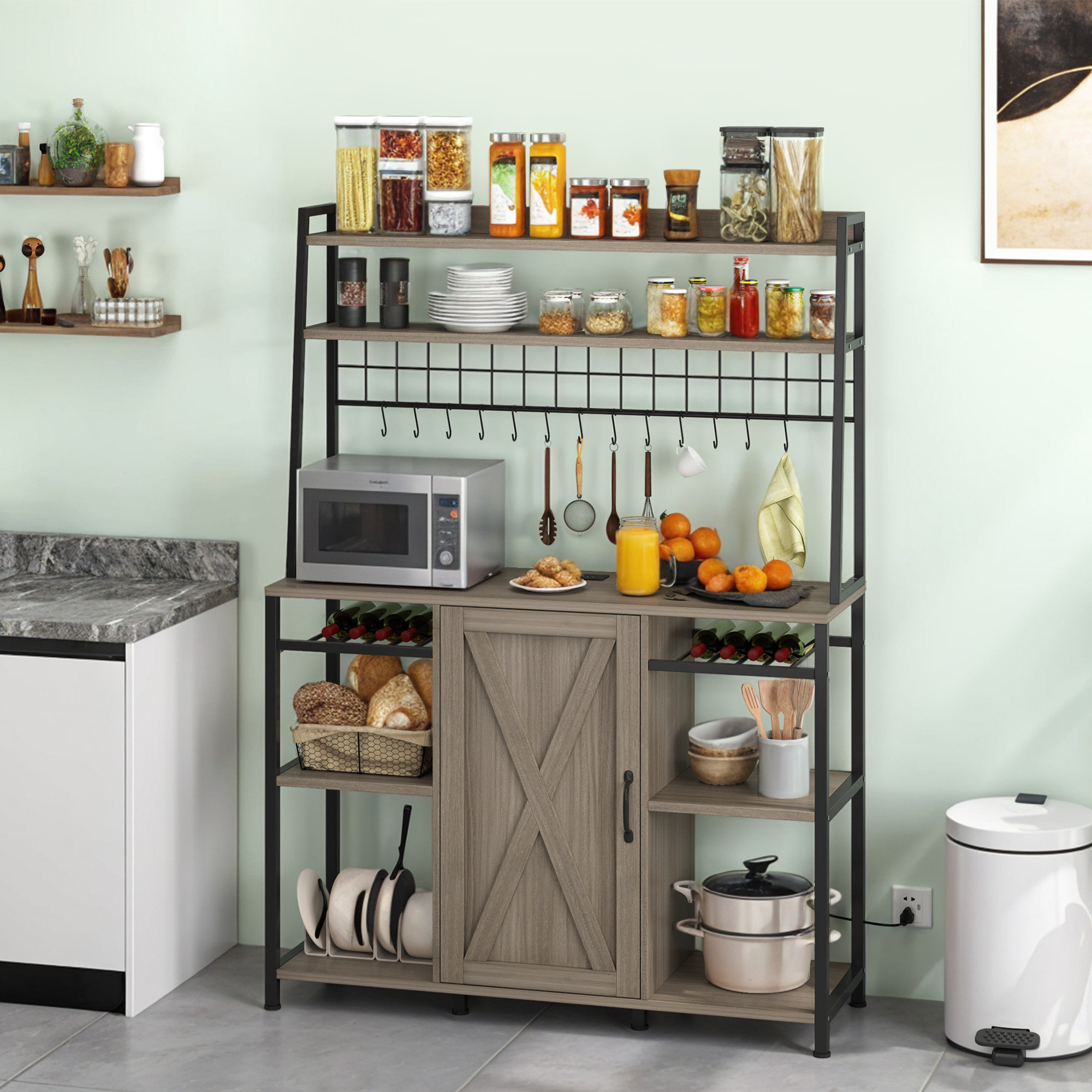 Gracie Oaks Farmhouse 6-Tier Kitchen Baker's Rack with Hutch and Built ...