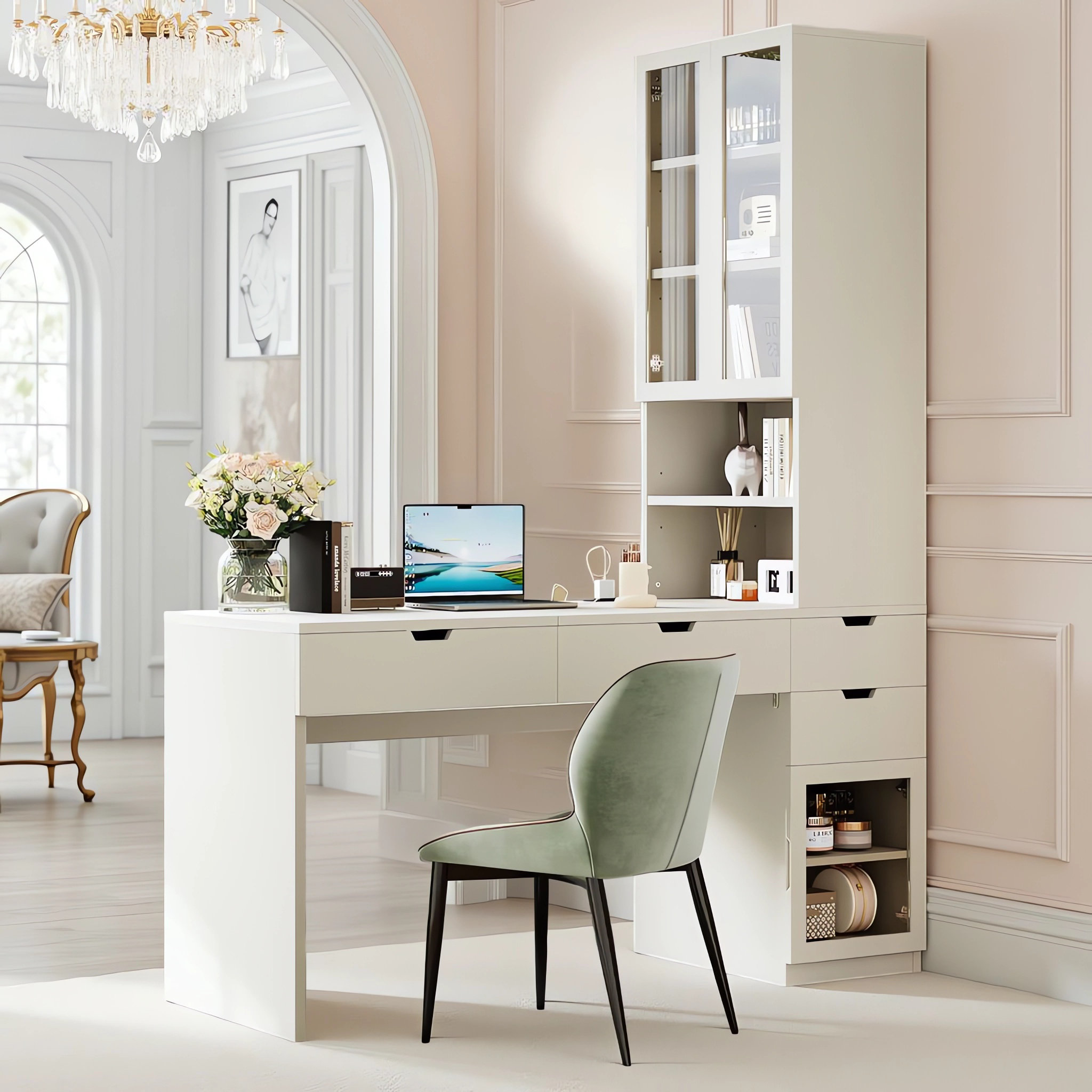 Hokku Designs 76.8" H Versatile White Vanity Desk With Lift-Up Mirror ...