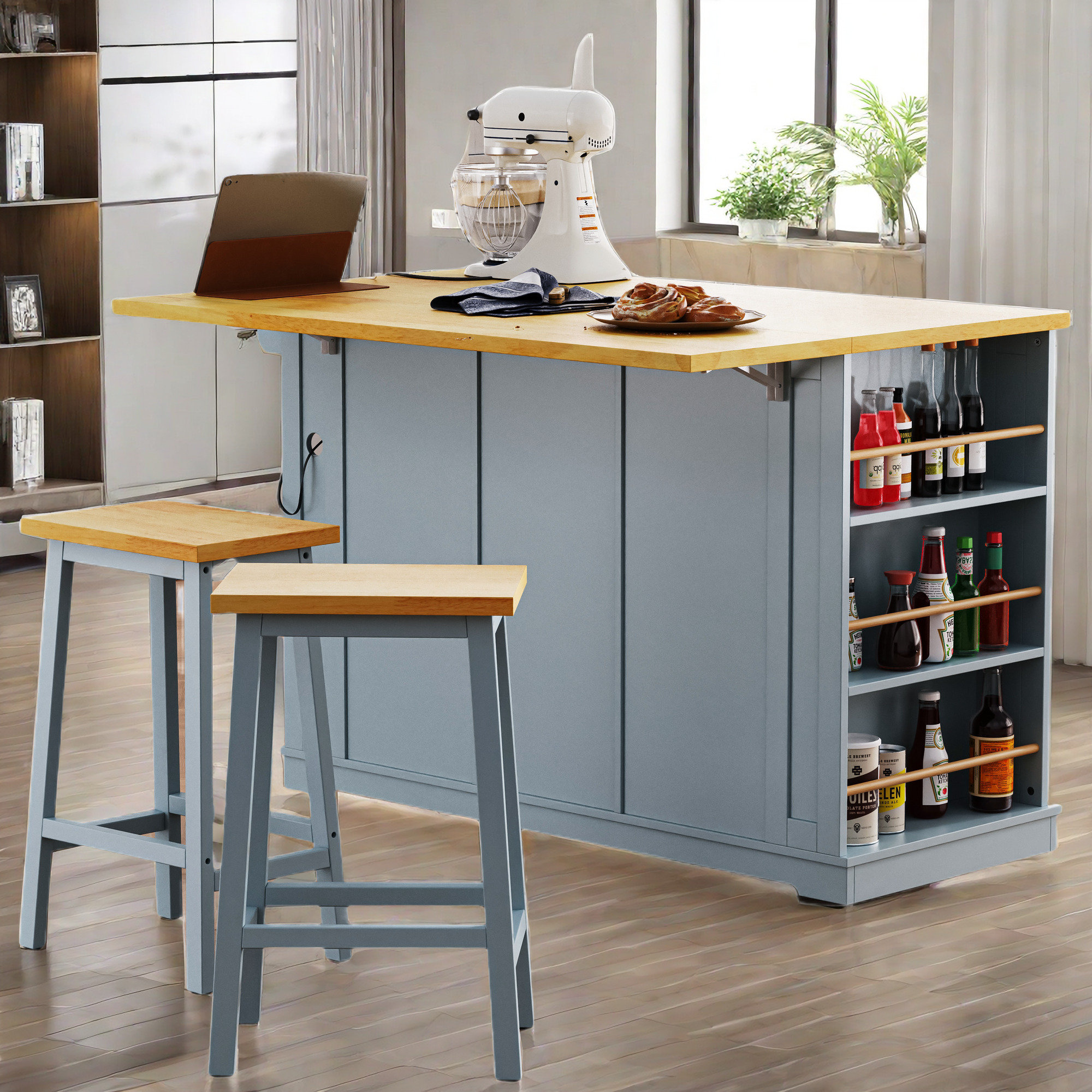 Lark Manor™ Kitchen Island With 2 Bar Stools, Power Outlet, 5 Wheels ...