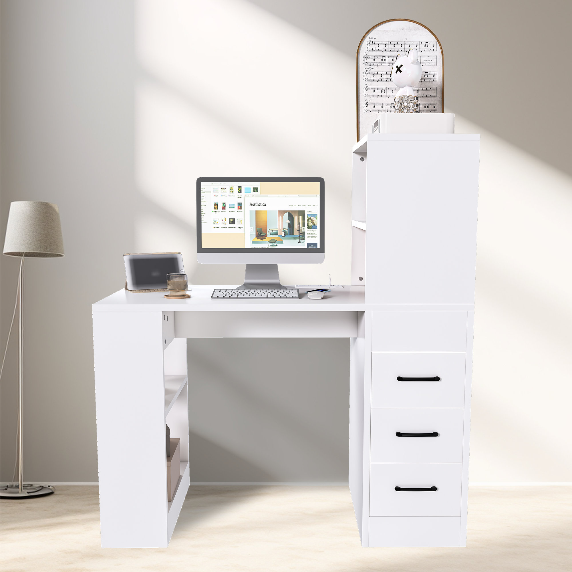 Ebern Designs White Computer Desk With 4-In-1 Socket, The Desk With 3 ...