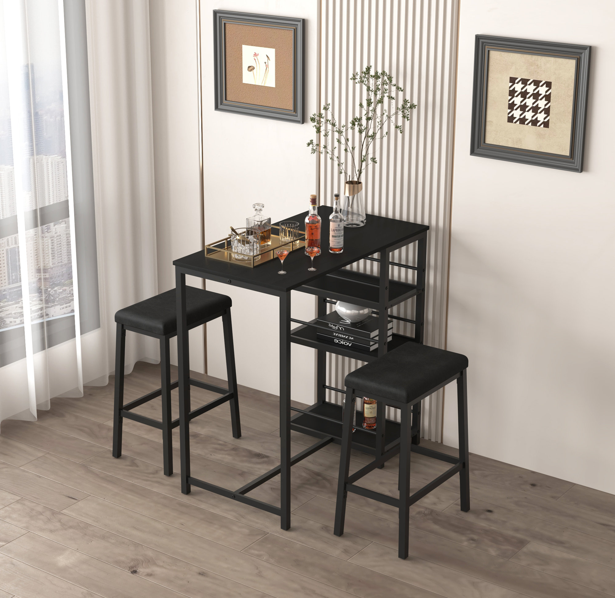 Ebern Designs Dining Table Set for 2 with 3 Large Storage Shelves ...