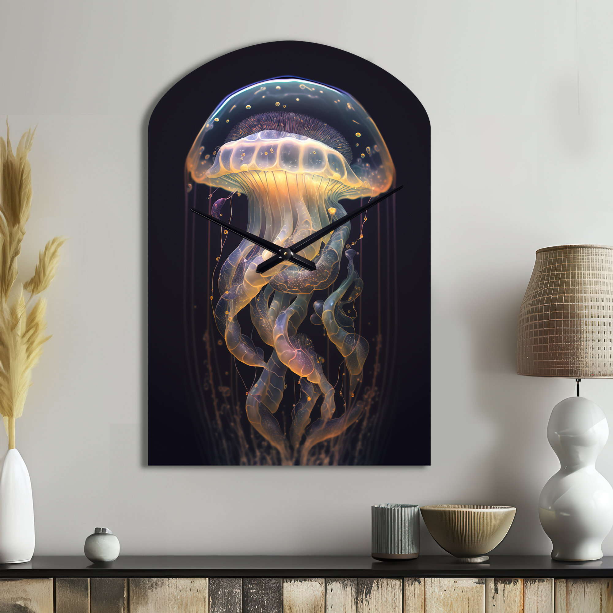 East Urban Home Jellyfish III - Jellyfish Asymmetrical Metal Wall Clock ...
