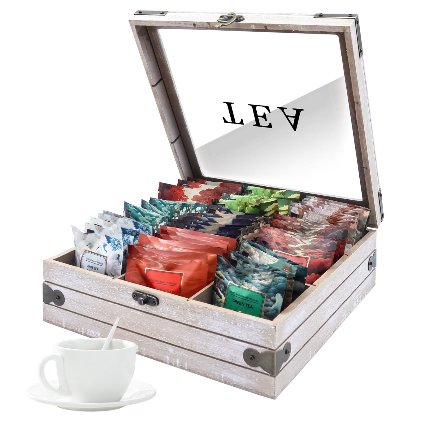 Gracie Oaks Wooden Tea Bag Organizer,9 Storage Compartments ,Tea ...