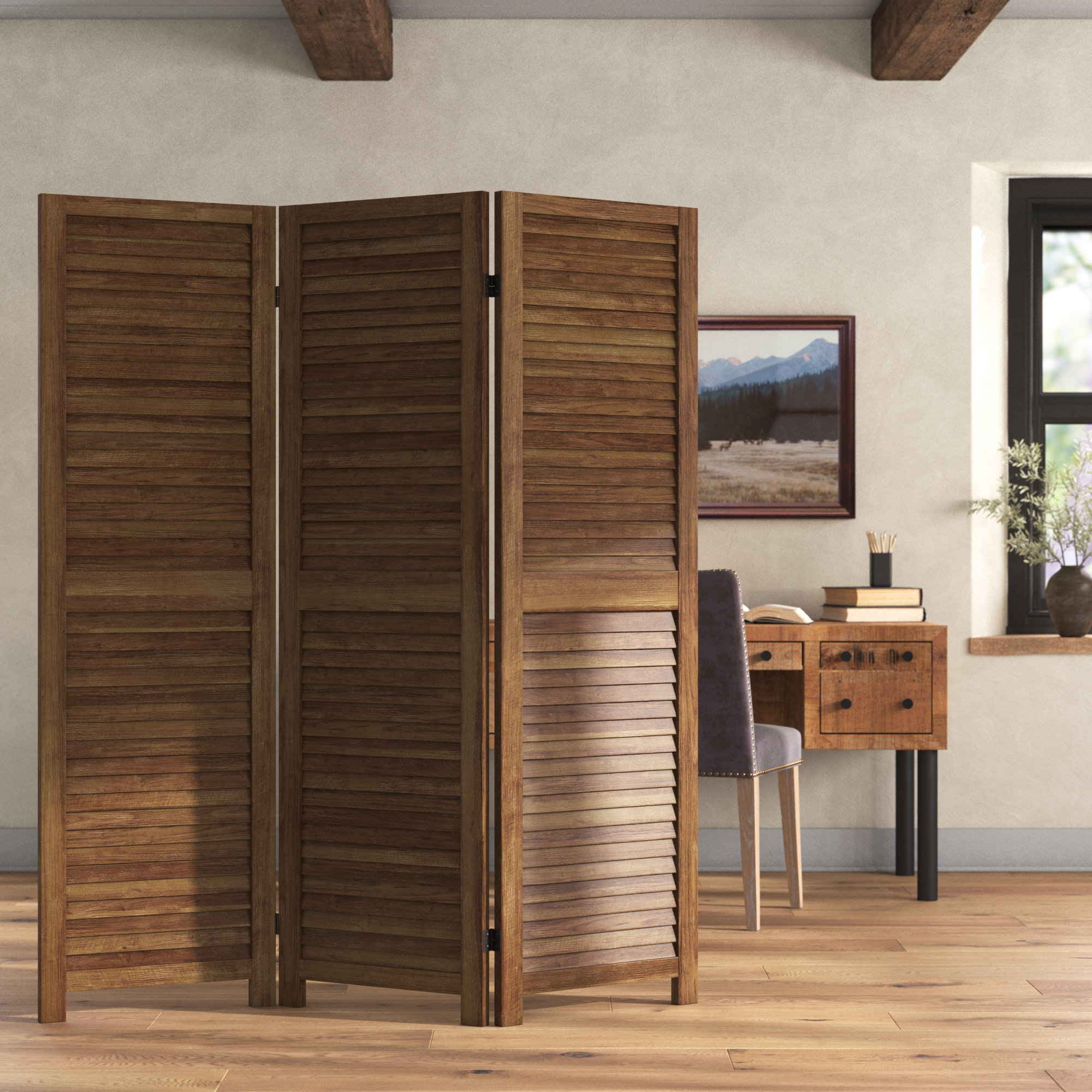 Loon Peak Imanni 54'' W x 67'' H 3 - Panel Solid Wood Folding Room ...