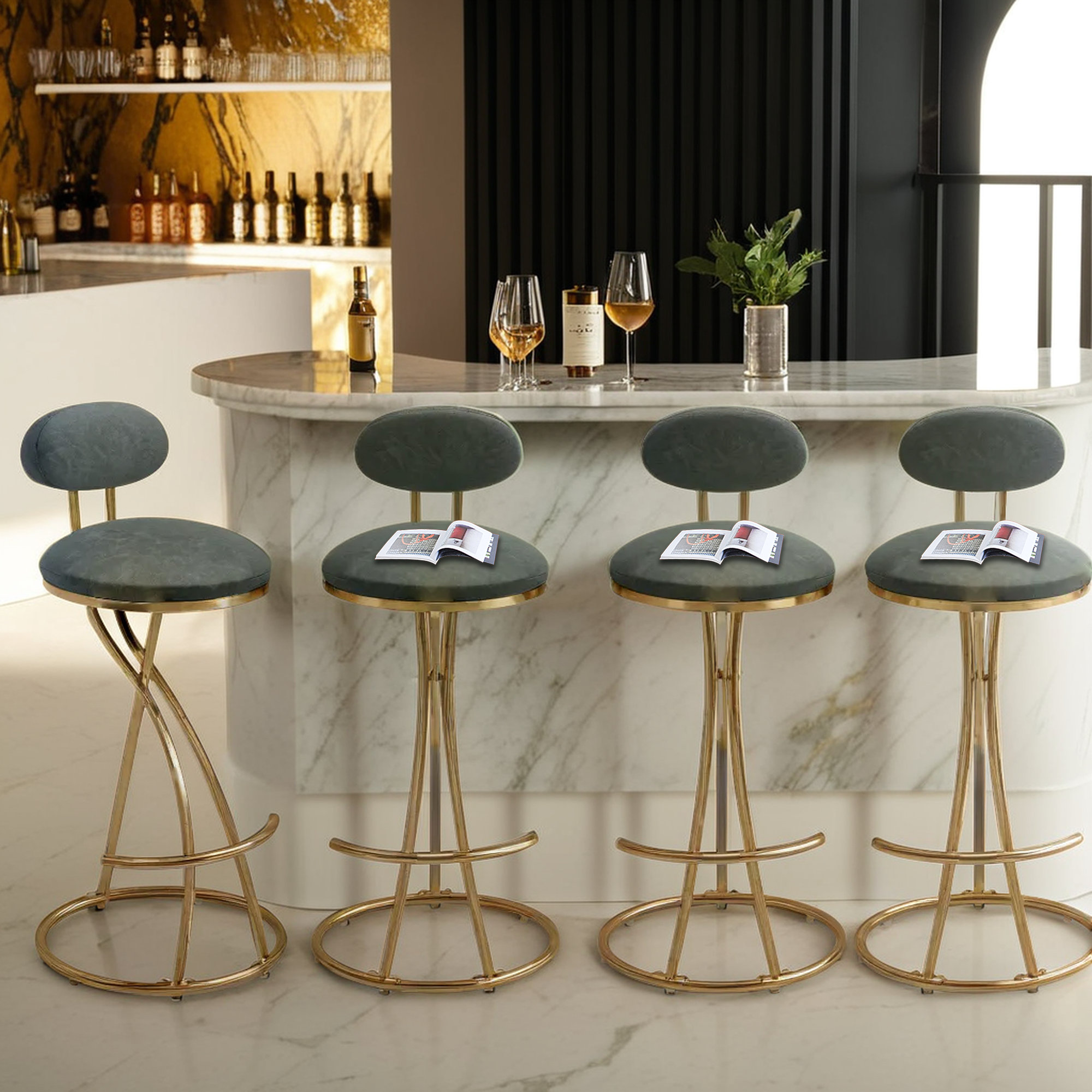 17 Stories Modern S-Shaped Metal Leather Round Bar Stools With Footrest ...