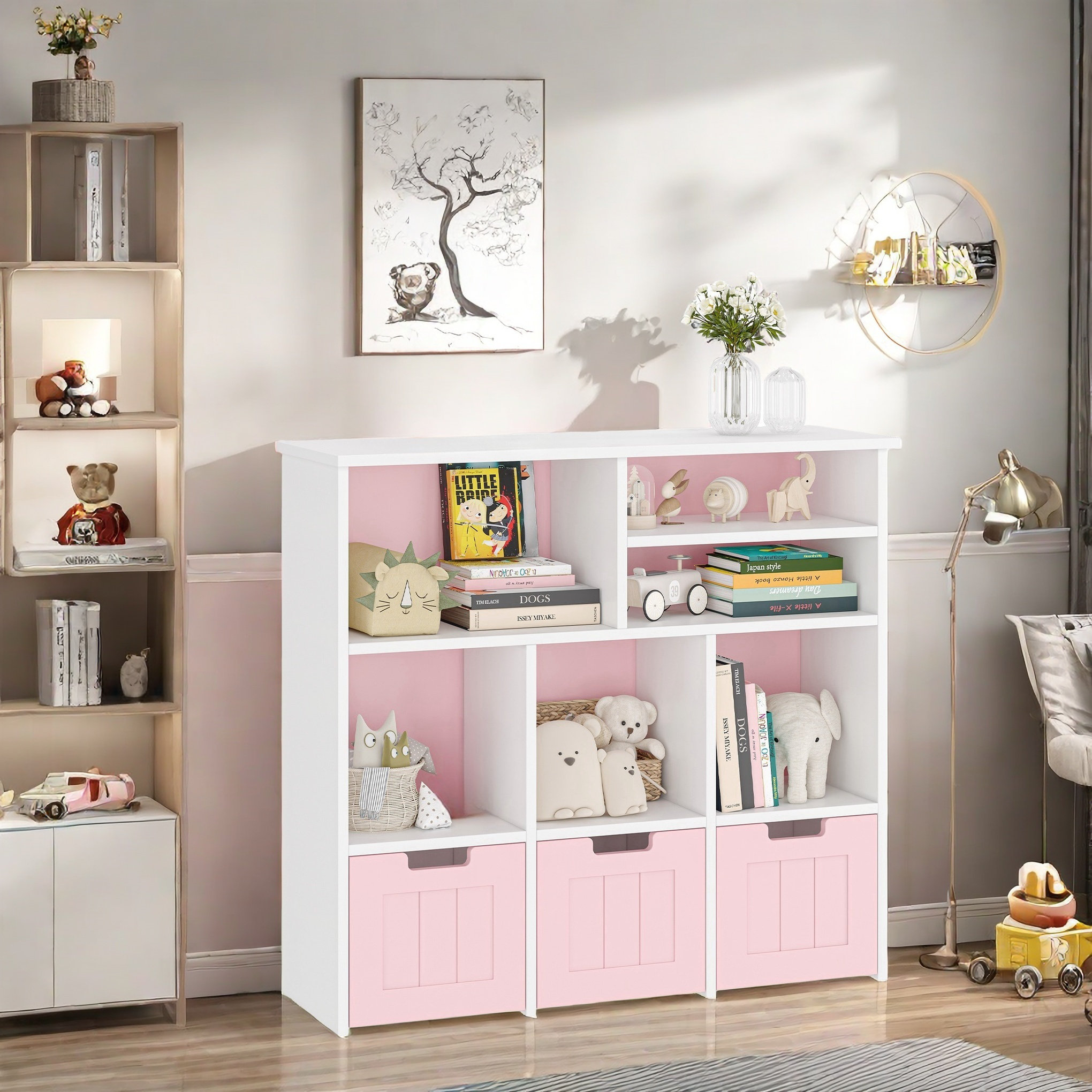 Ebern Designs Bookcase With 3 Movable Drawers And Hidden Wheels | Wayfair