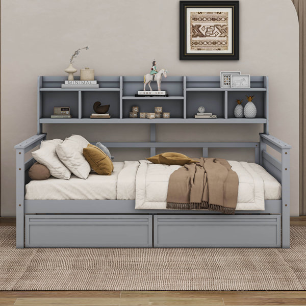 Cosmic Bookcase Wood Daybed with Bedside Shelf and Two Drawers | Wayfair
