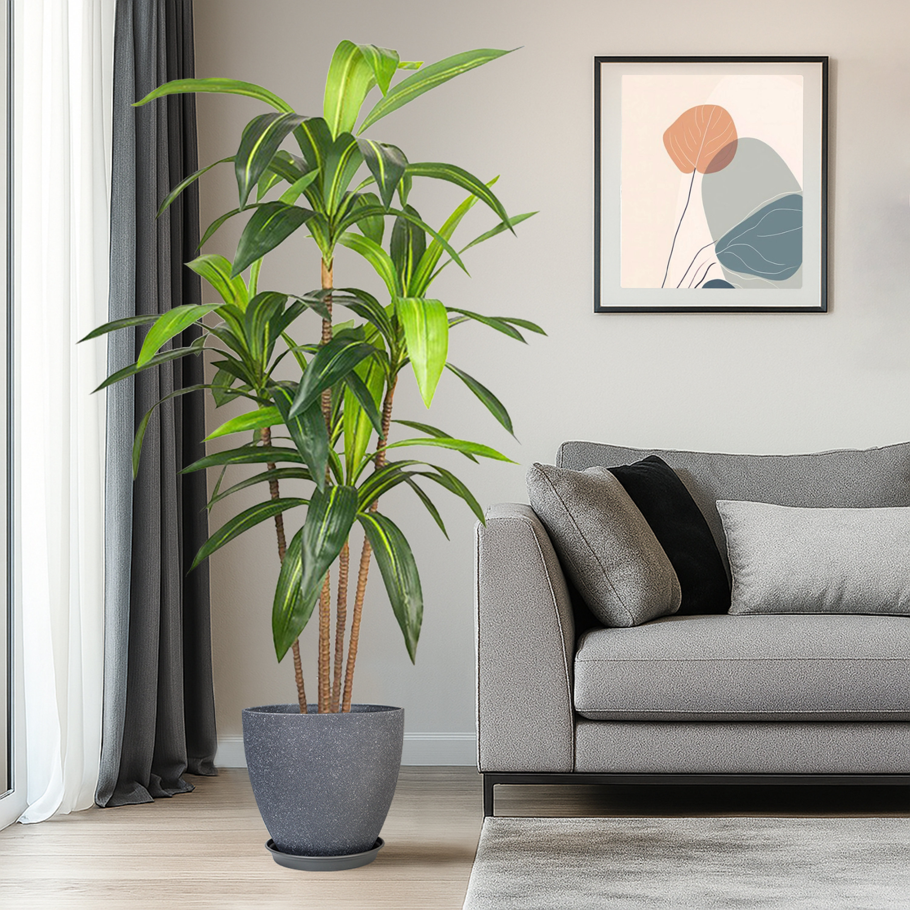 Dakota Fields Artificial Dracaena Tree & Resin Round Plant Pots with ...