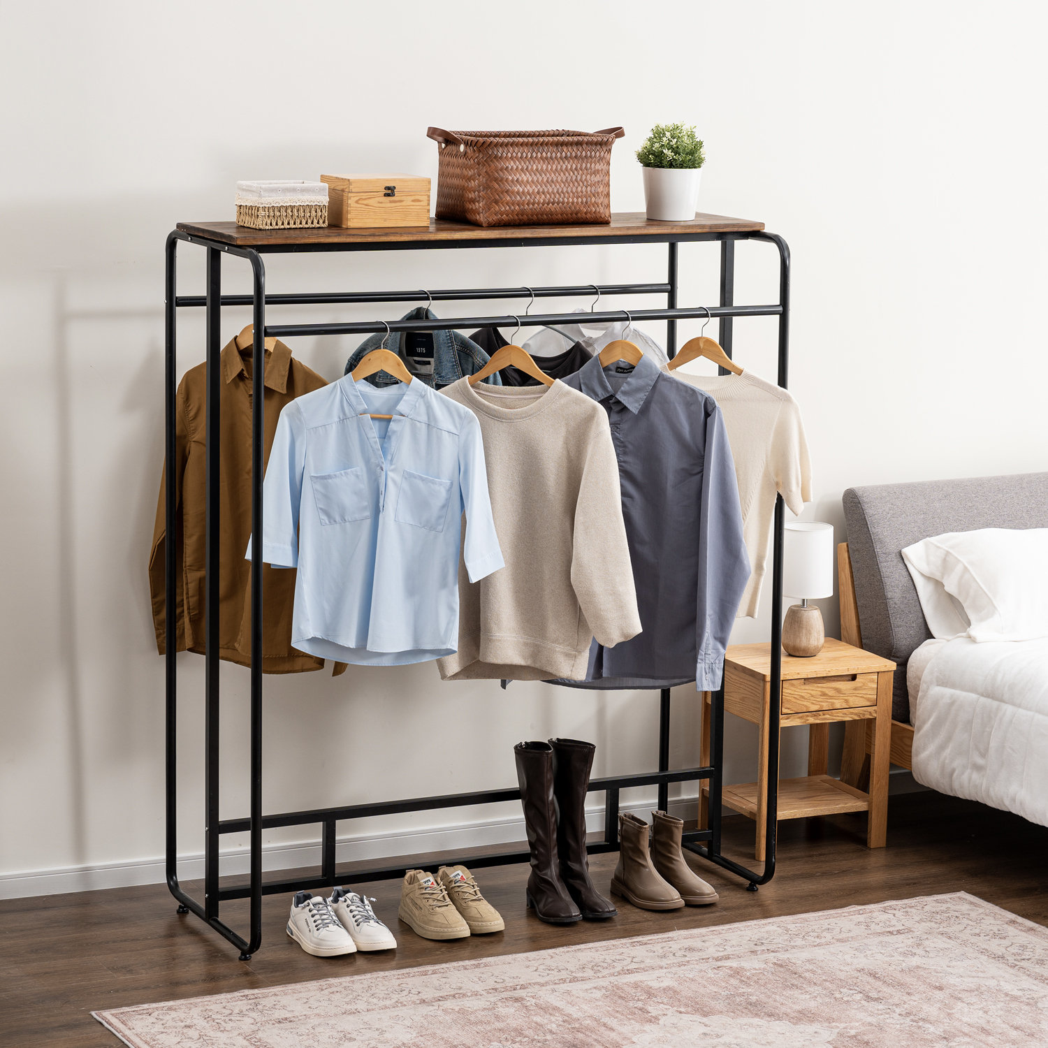 17 Stories Metal Garment Clothing Storage Rack w/ Shelf | Wayfair