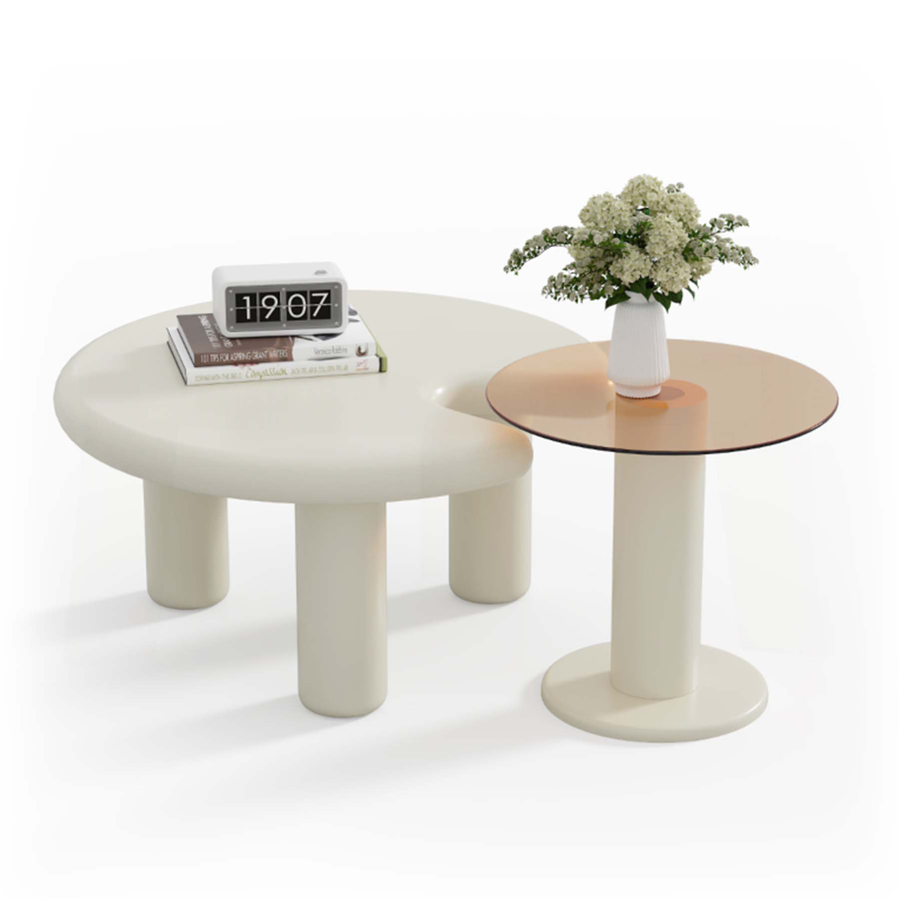Ivy Bronx Charming Circular Beige Cream Coffee Table Set for Living ...