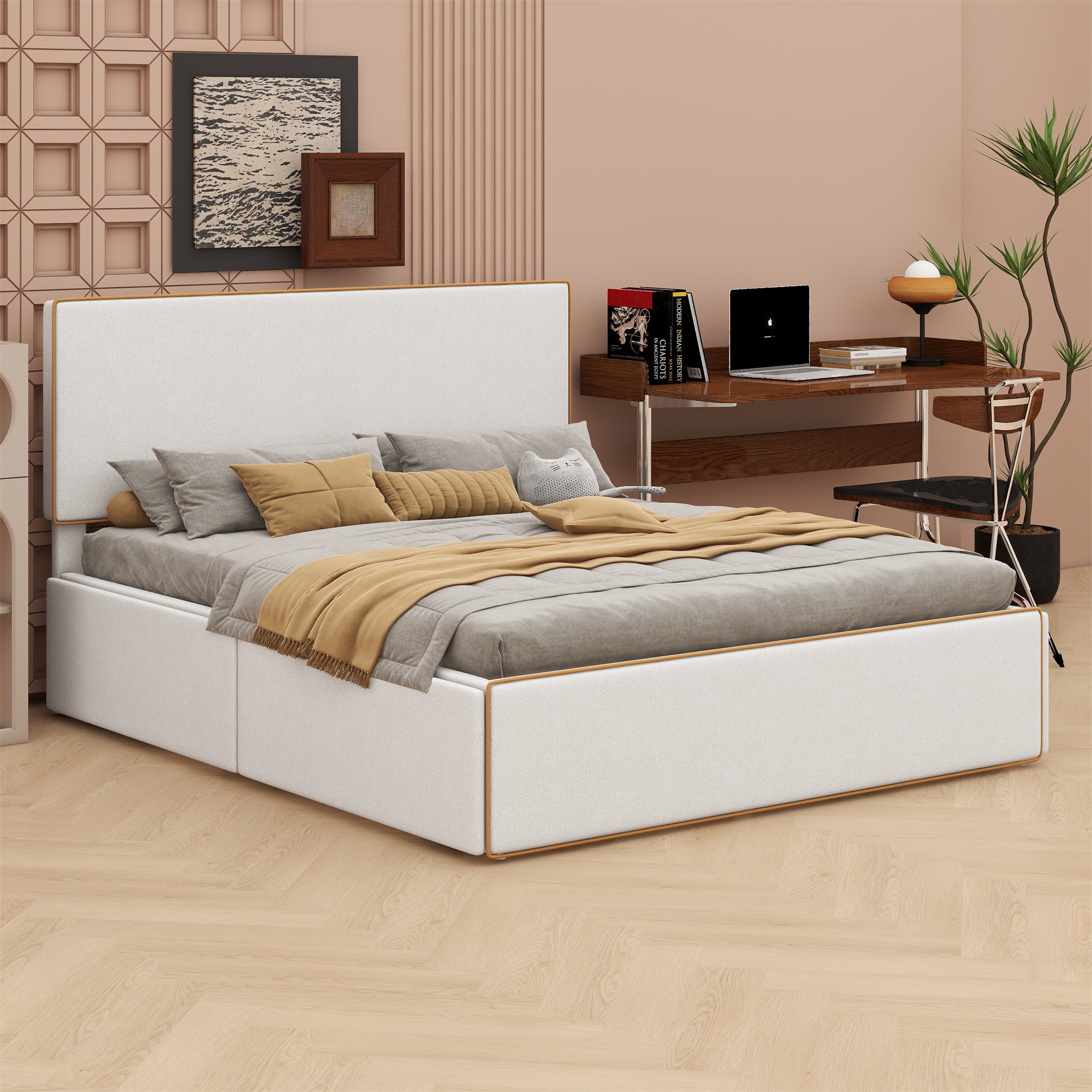 Latitude Run® Upholstered Platform Bed With 4 Drawers And Golden Edge ...