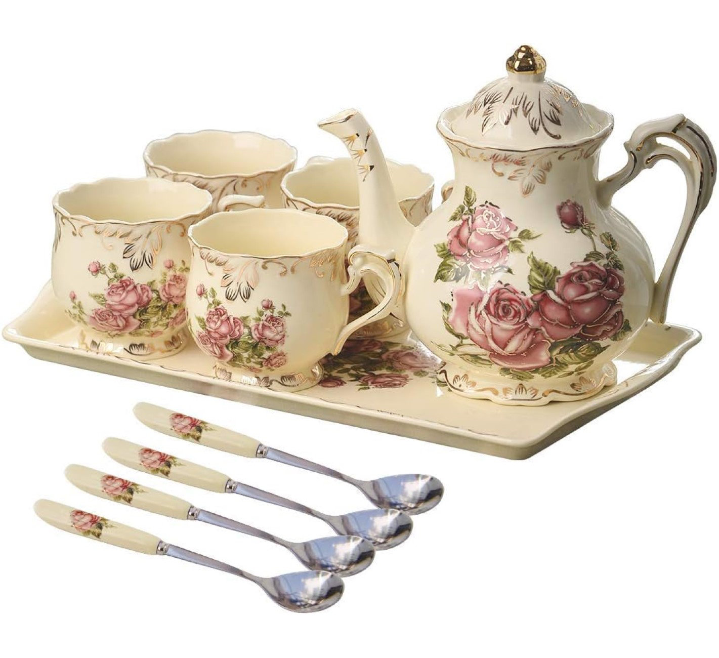 IMPIAR Porcelain Tea Set Vintage Rose Tea Cups With Teapot Serving Tray ...