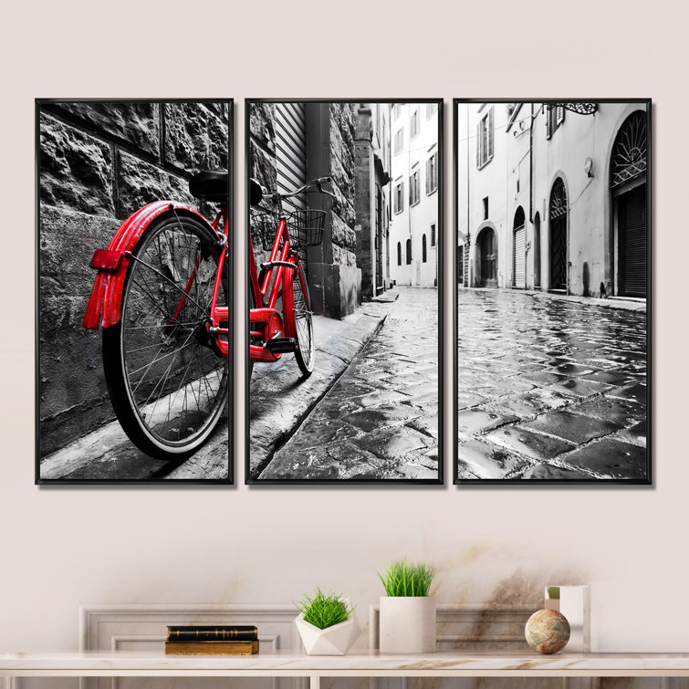 Latitude Run® " Retro Vintage Red Bike " 3 - Pieces on Canvas | Wayfair