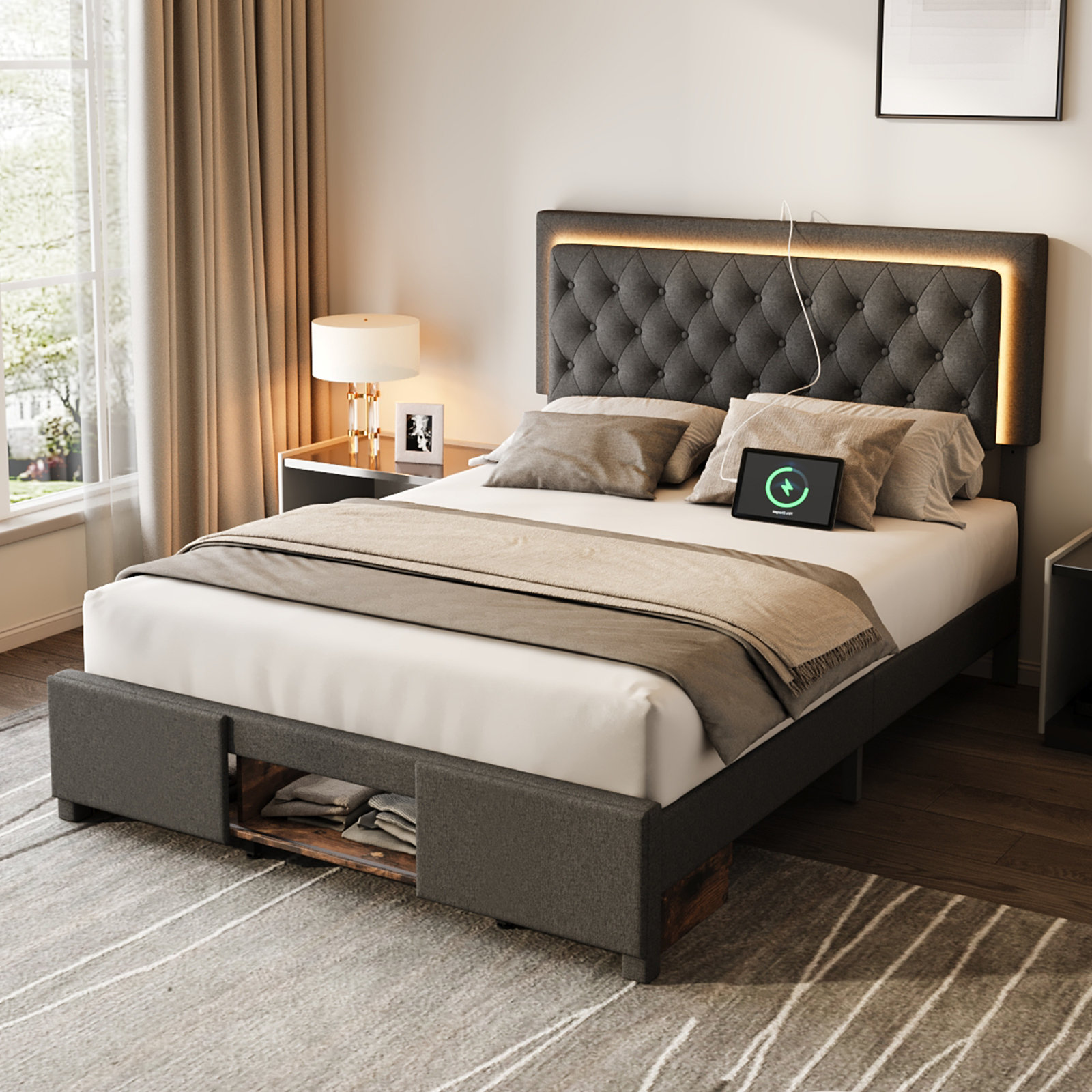 Ivy Bronx Komor Upholstered Storage Bed Frame with Charging Station and ...