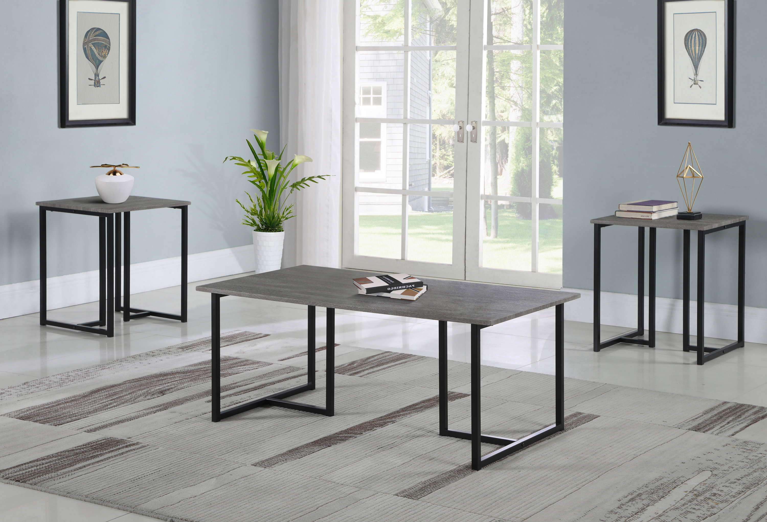 Ebern Designs 3-Piece Living Room Table Set in Gray and Black | Wayfair