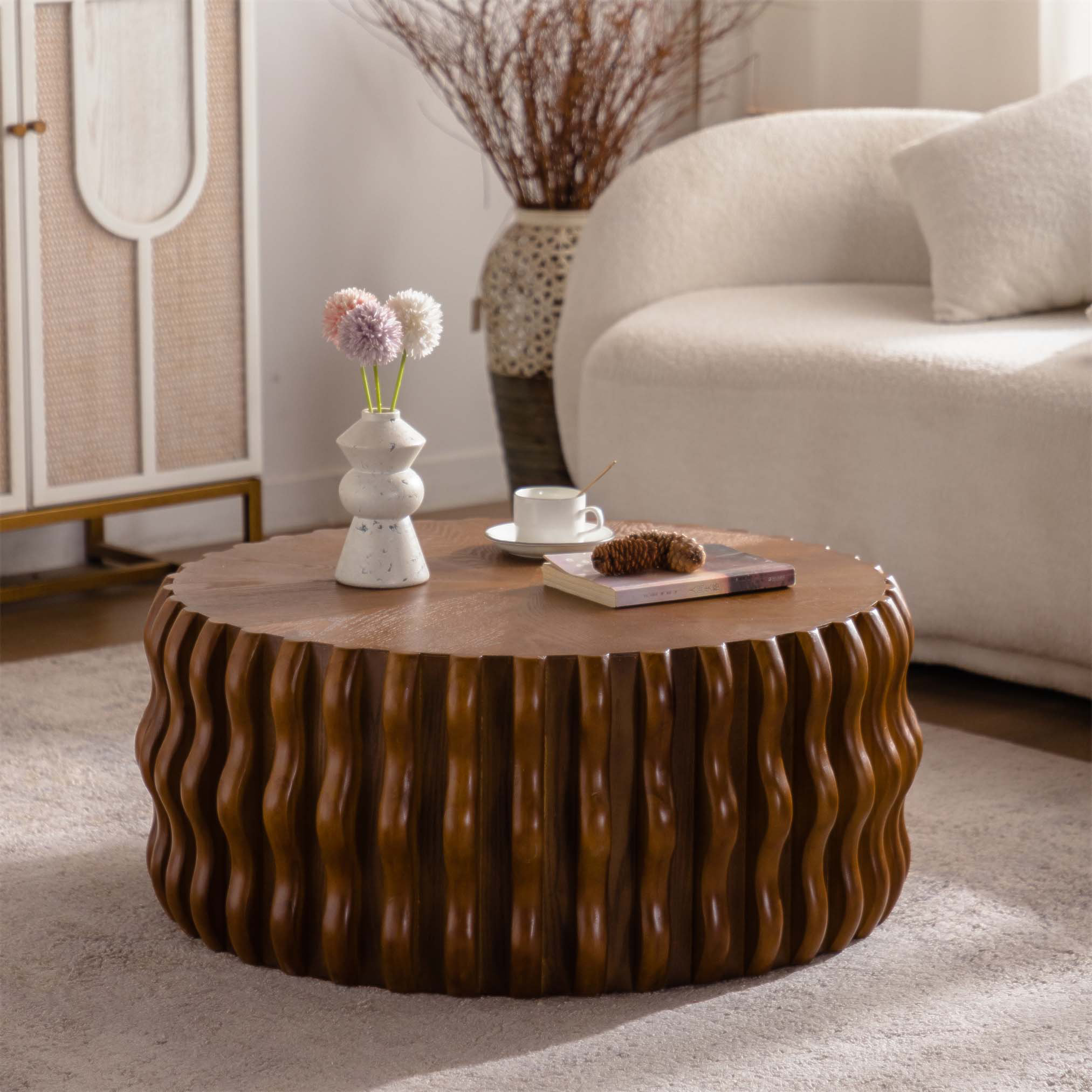 Latitude Run® Drum Fluted Modern Round Coffee Table, Mid Century Circle ...