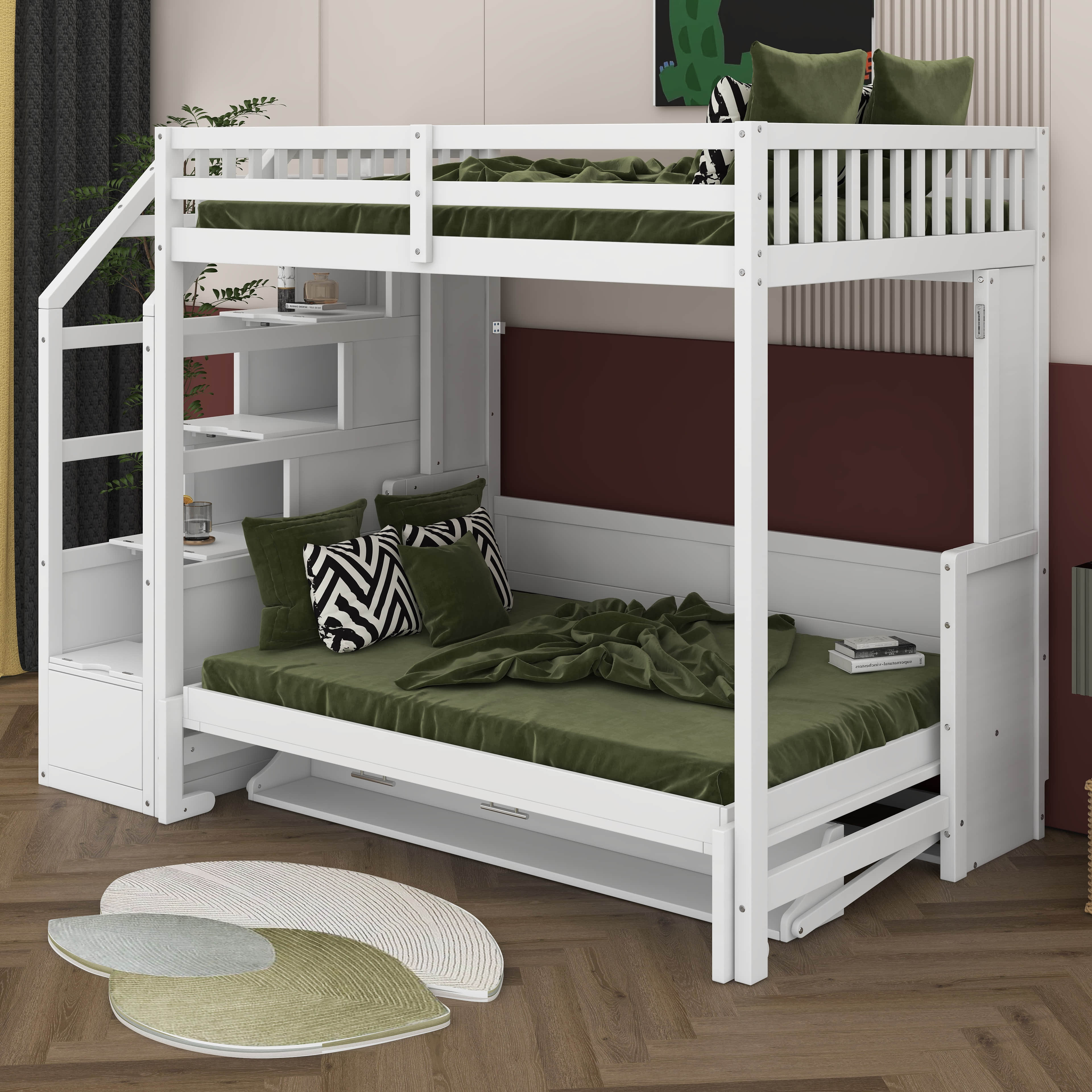 Harriet Bee Full XL Loft Bed With Murphy Bed & Storage Staircase, Full ...