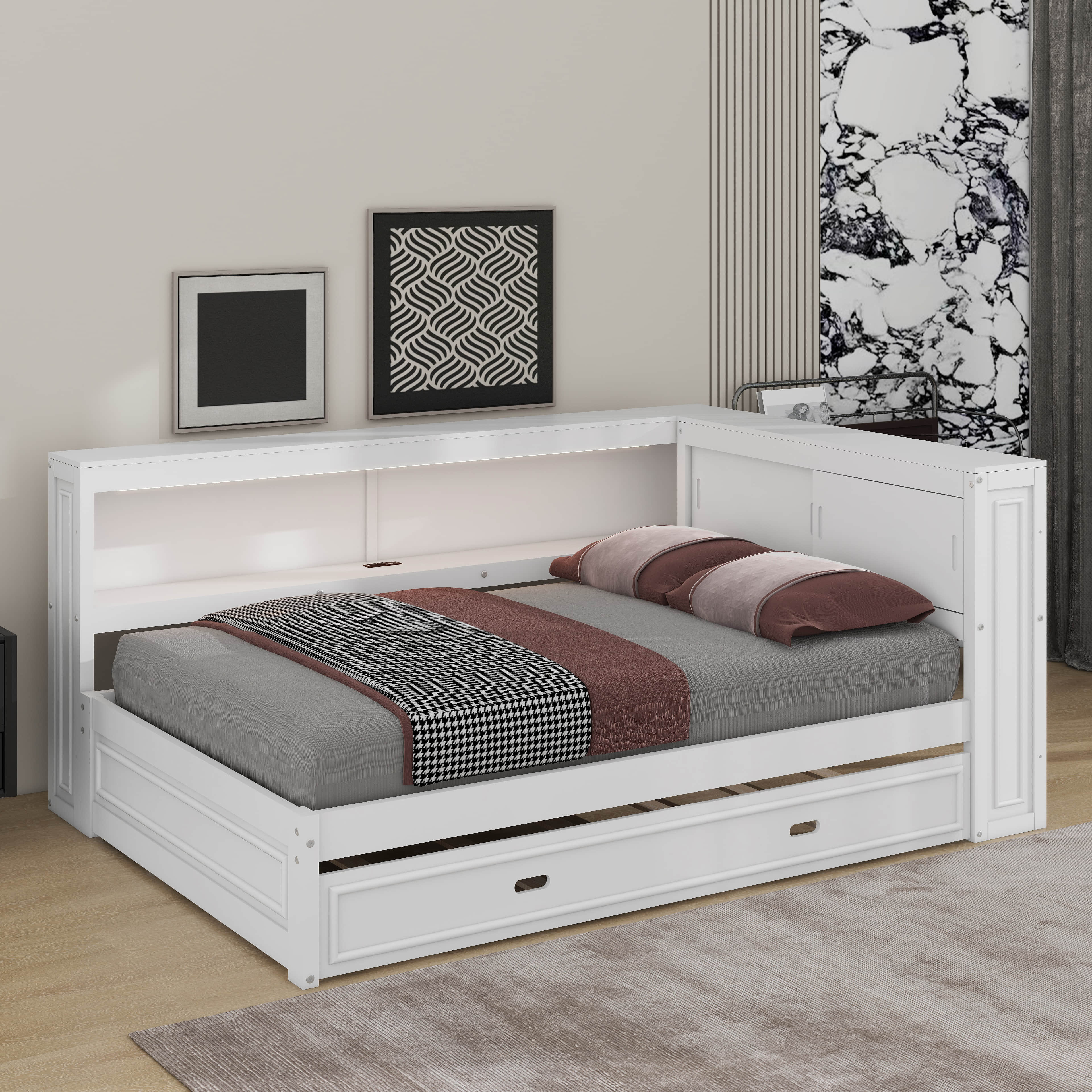Latitude Run® Full Size Wood Daybed With Shelves,LED,USB And Trundle ...
