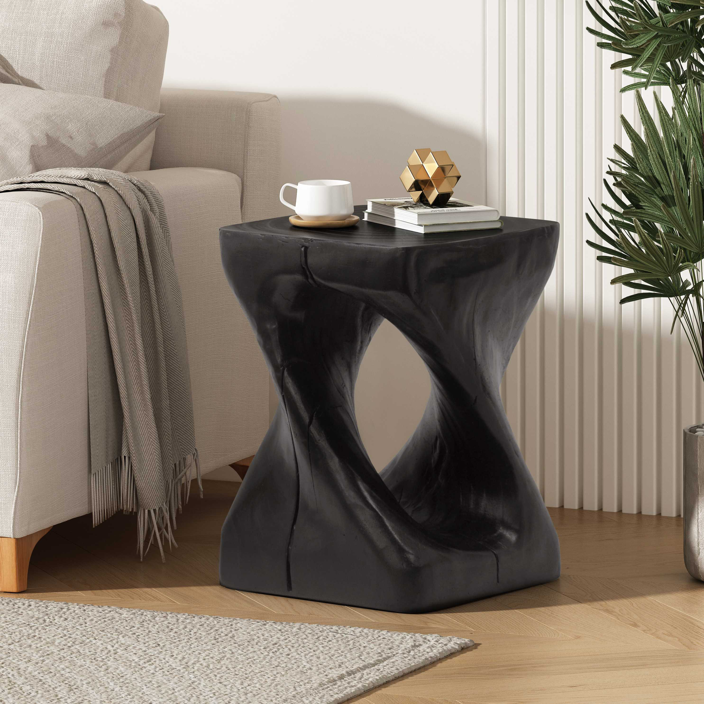 Wrought Studio MGO Twist Shape Side Table, Wood-Like Texture, Black ...