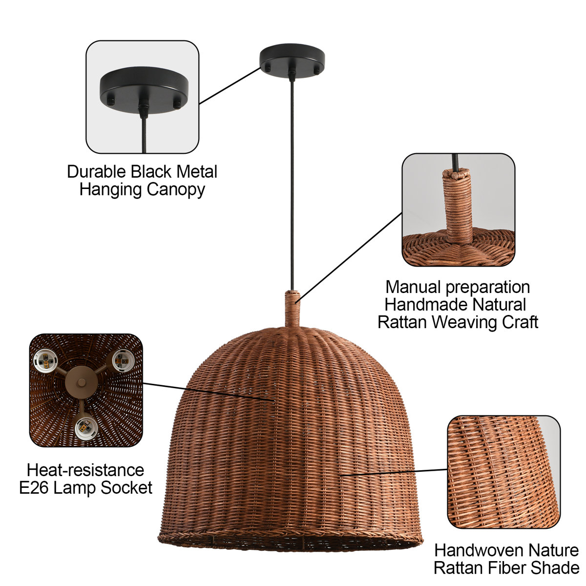 Bayou Breeze Caseyn 3-Light Dark Curry Rattan Pendant Light,Rustic ...