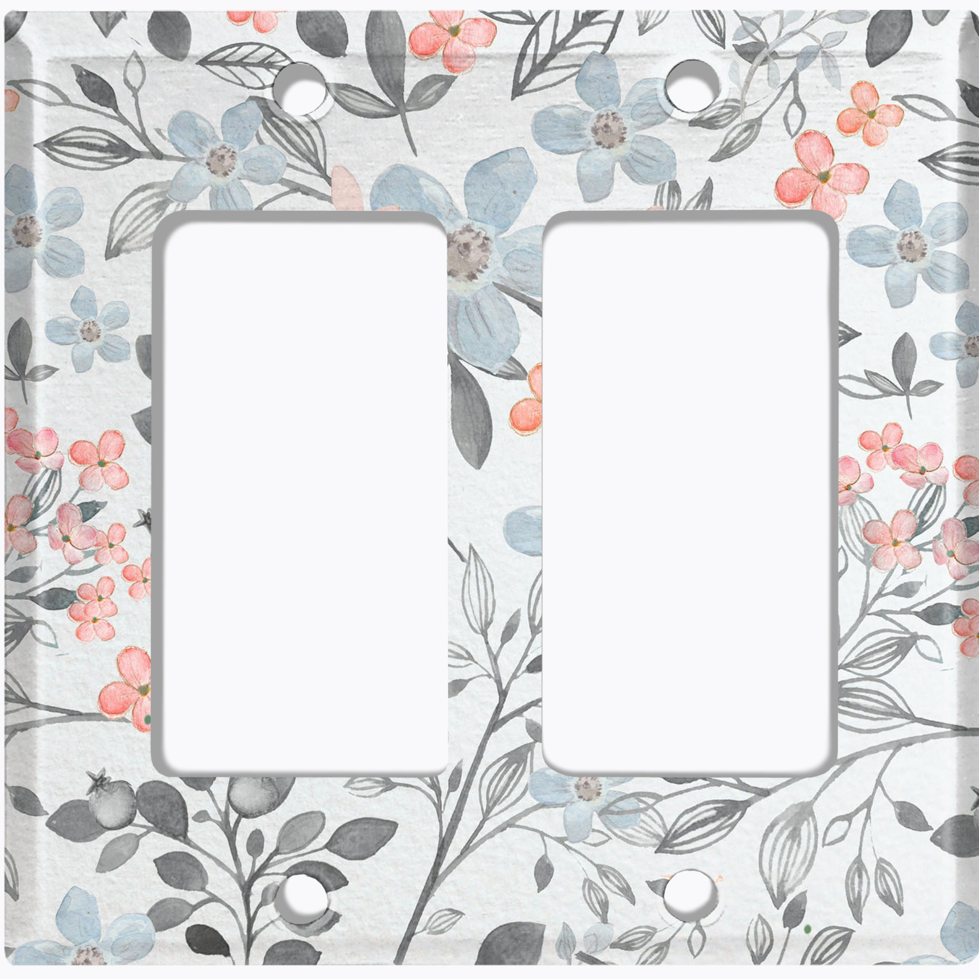 WorldAcc Blue Flowers Pink Leaves Gray 2-Gang Rocker Wall Plate | Wayfair