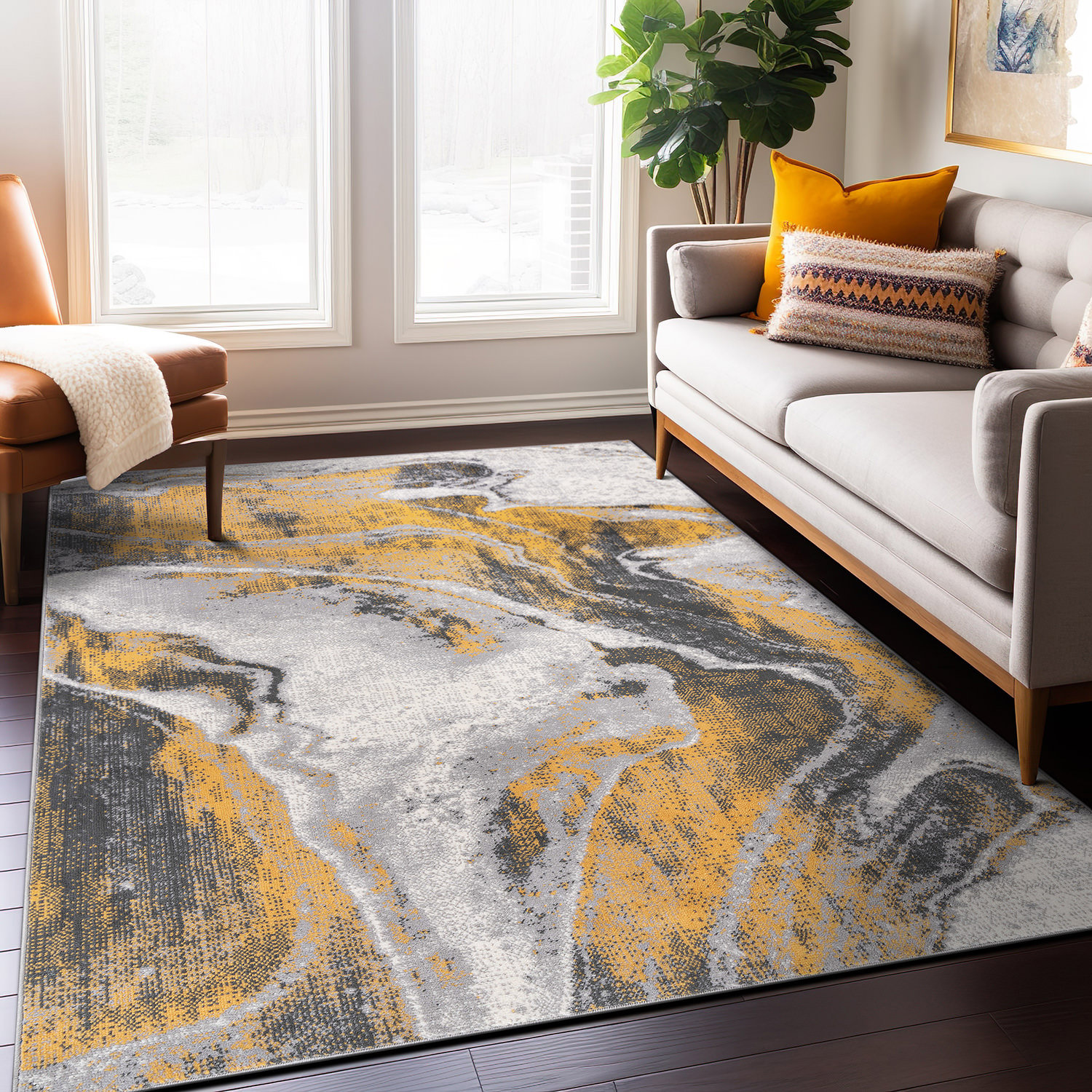 Trent Austin Design® Mohn Abstract Marble Design Ivory/Gray/Yellow Area ...