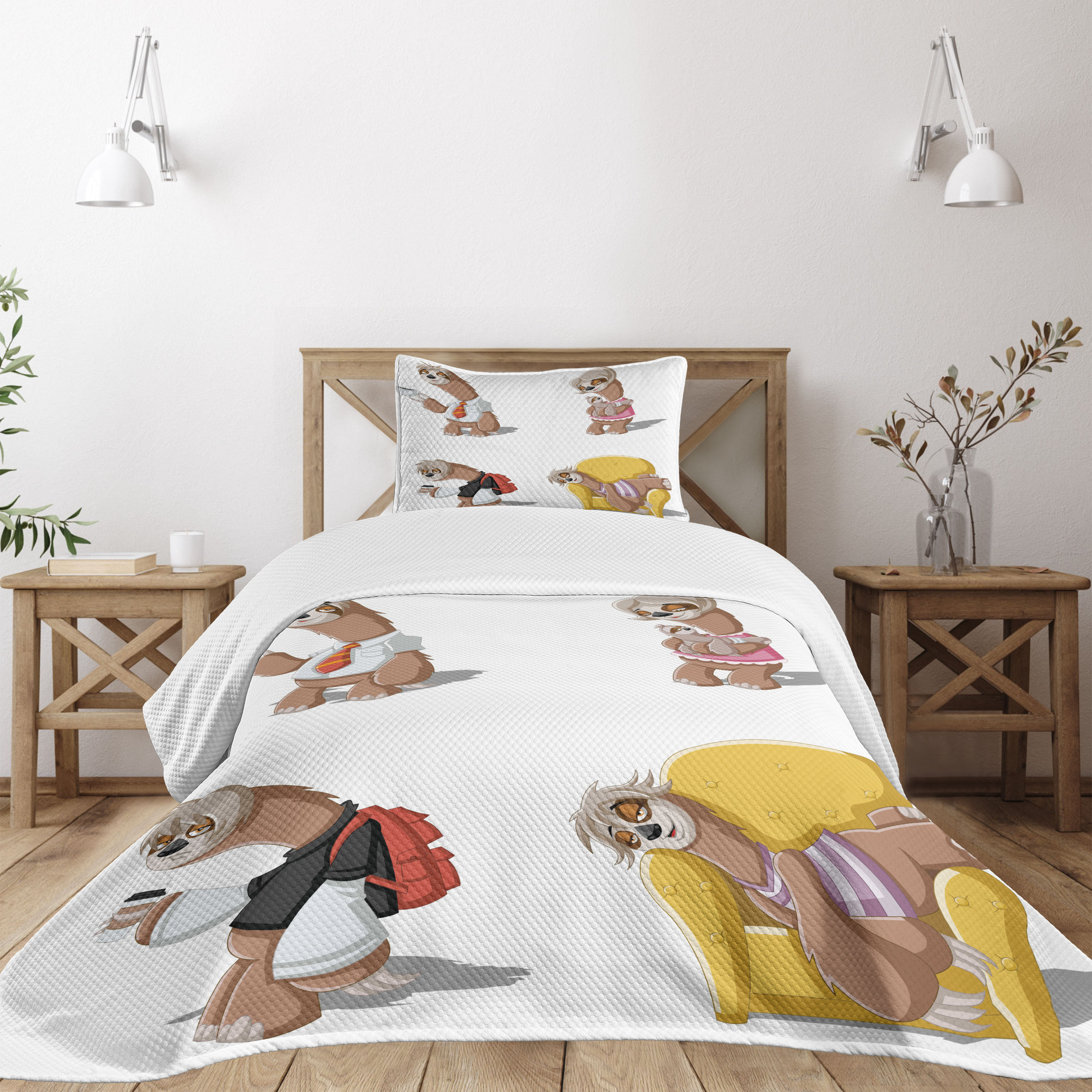 Ambesonne Sloth Bedspread Set Lazy Sloth Family Cartoon Multicolor ...