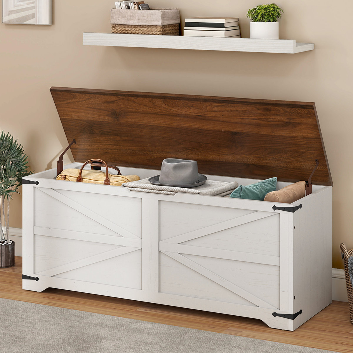 Gracie Oaks Farmhouse Storage Trunk Organizer Chest Bench Trunk With 2 ...