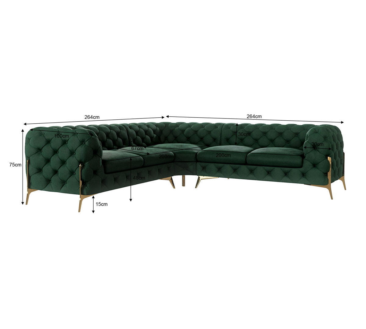 Etta Avenue Chesterfield Corner Sofa L-Shape Atoka with Gold Metal Legs ...