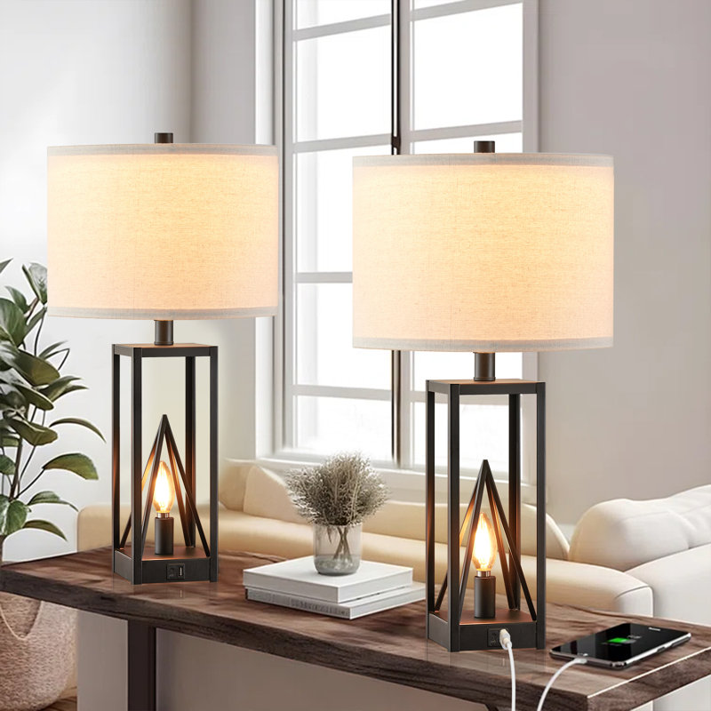 17 Stories Flurie 23.5‘’ Nightstand Bedside Lamp Sets with USB Ports ...