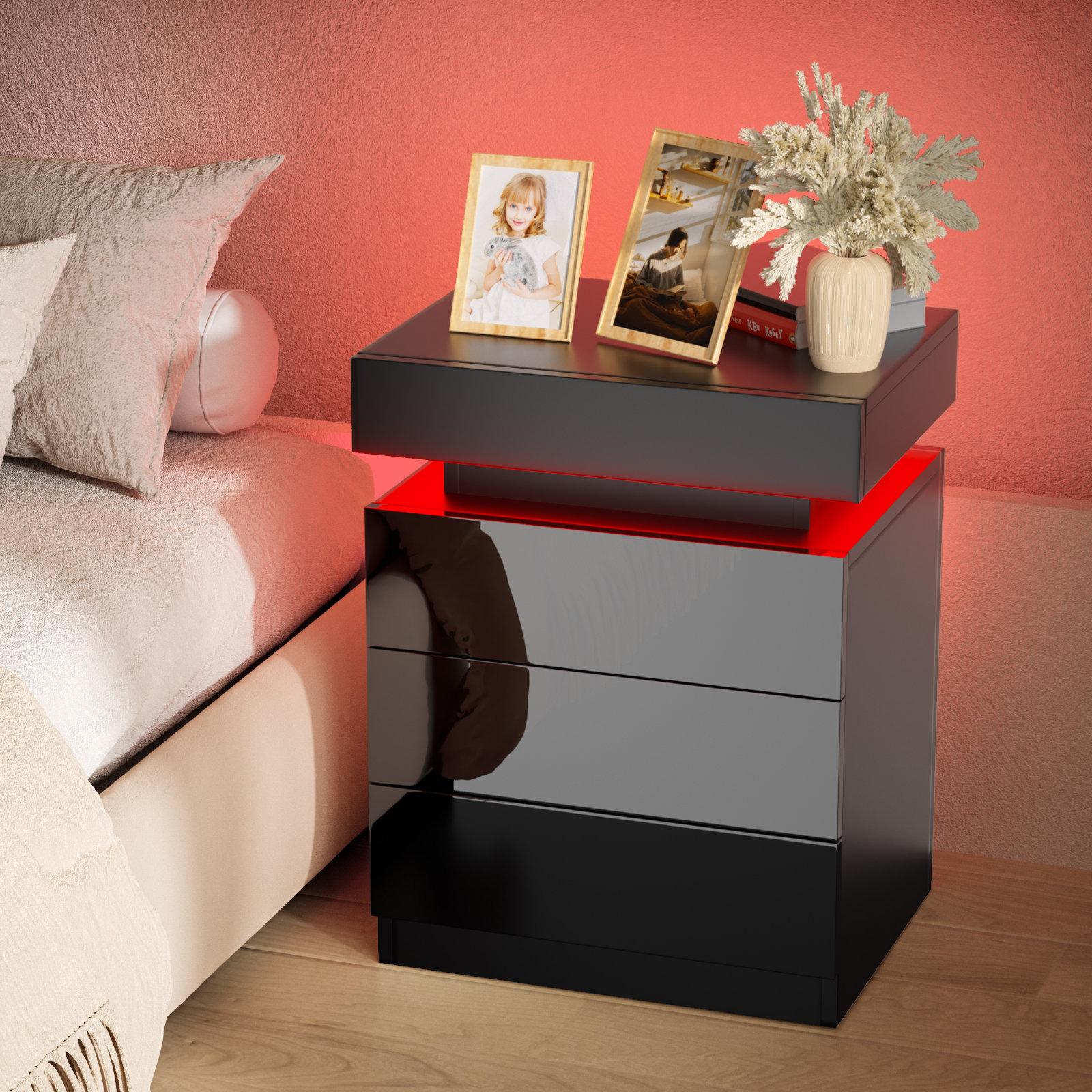 Wrought Studio™ Nightstand with LED Lights, 3 Drawer & 1 Flapping Top ...
