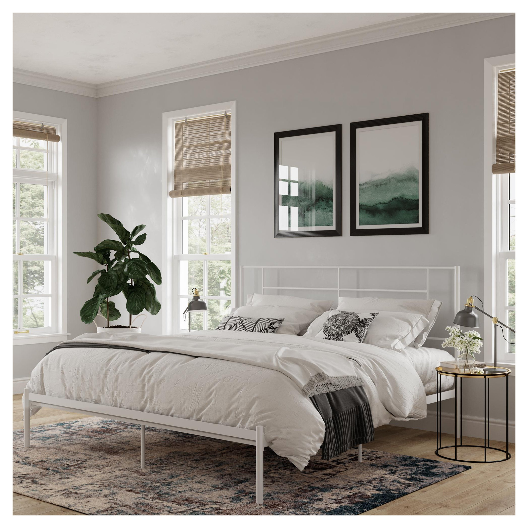Ivy Bronx Praxis White Metal Bed Frame with Headboard - Modern Platform ...