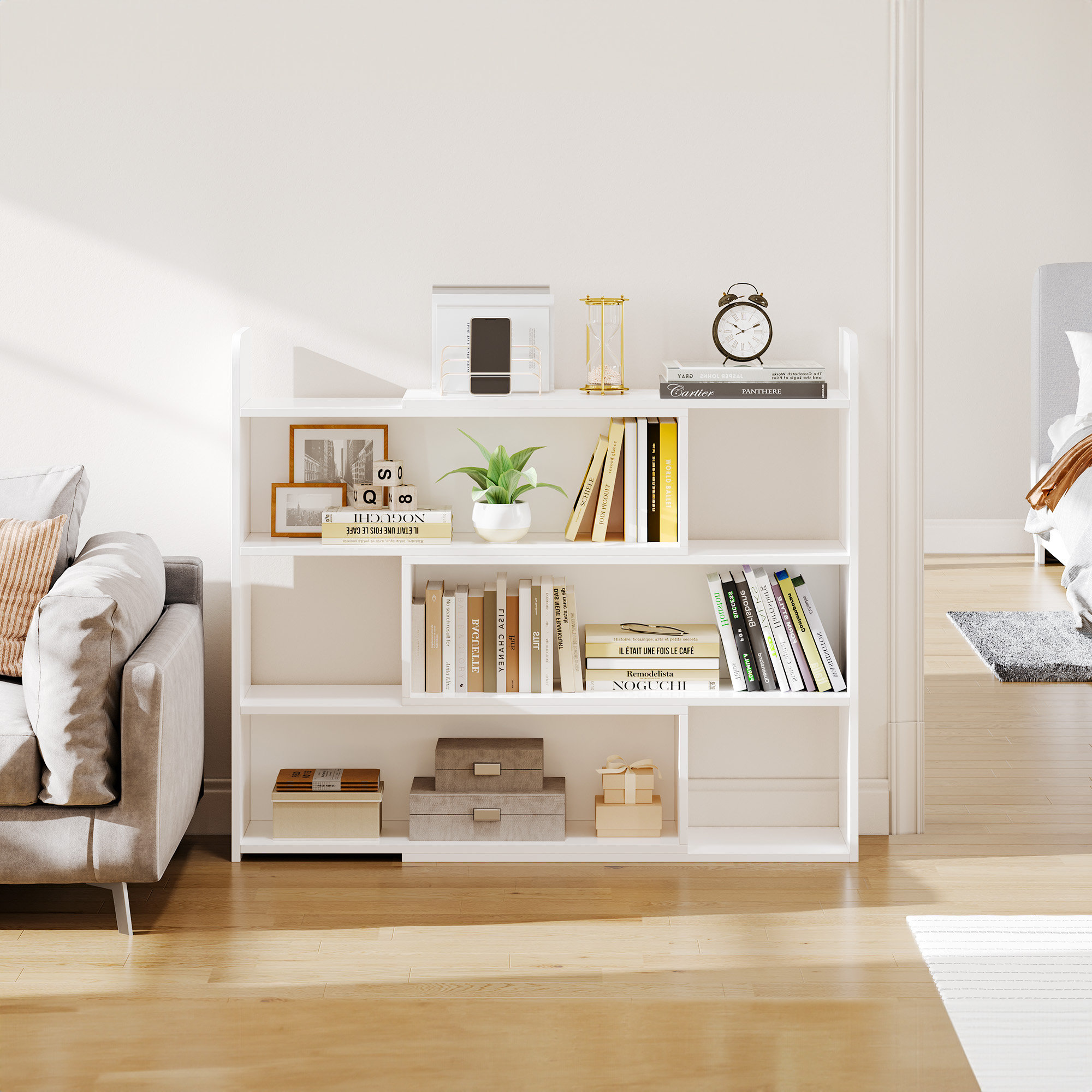 17 Stories Adjustable 80Cm 150Cm W Bookcase 4 Tier Bookshelf With 6 Compartments For Living Room Bedroom Office