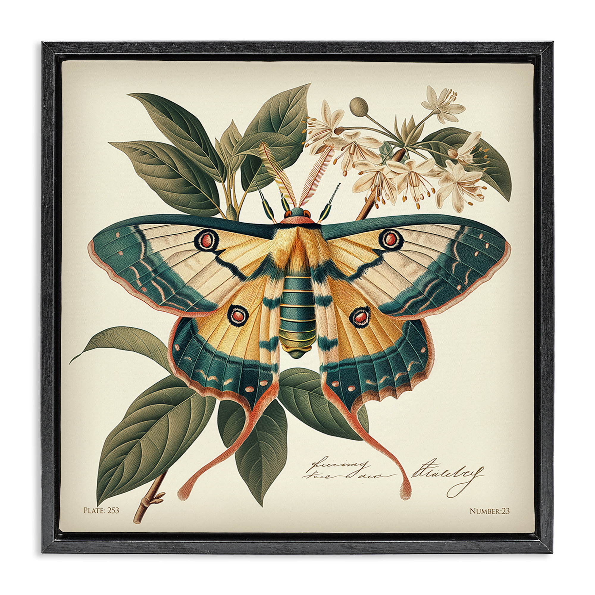 August Grove® Vintage Moth & Plant Study Framed Floater Canvas Wall Art ...