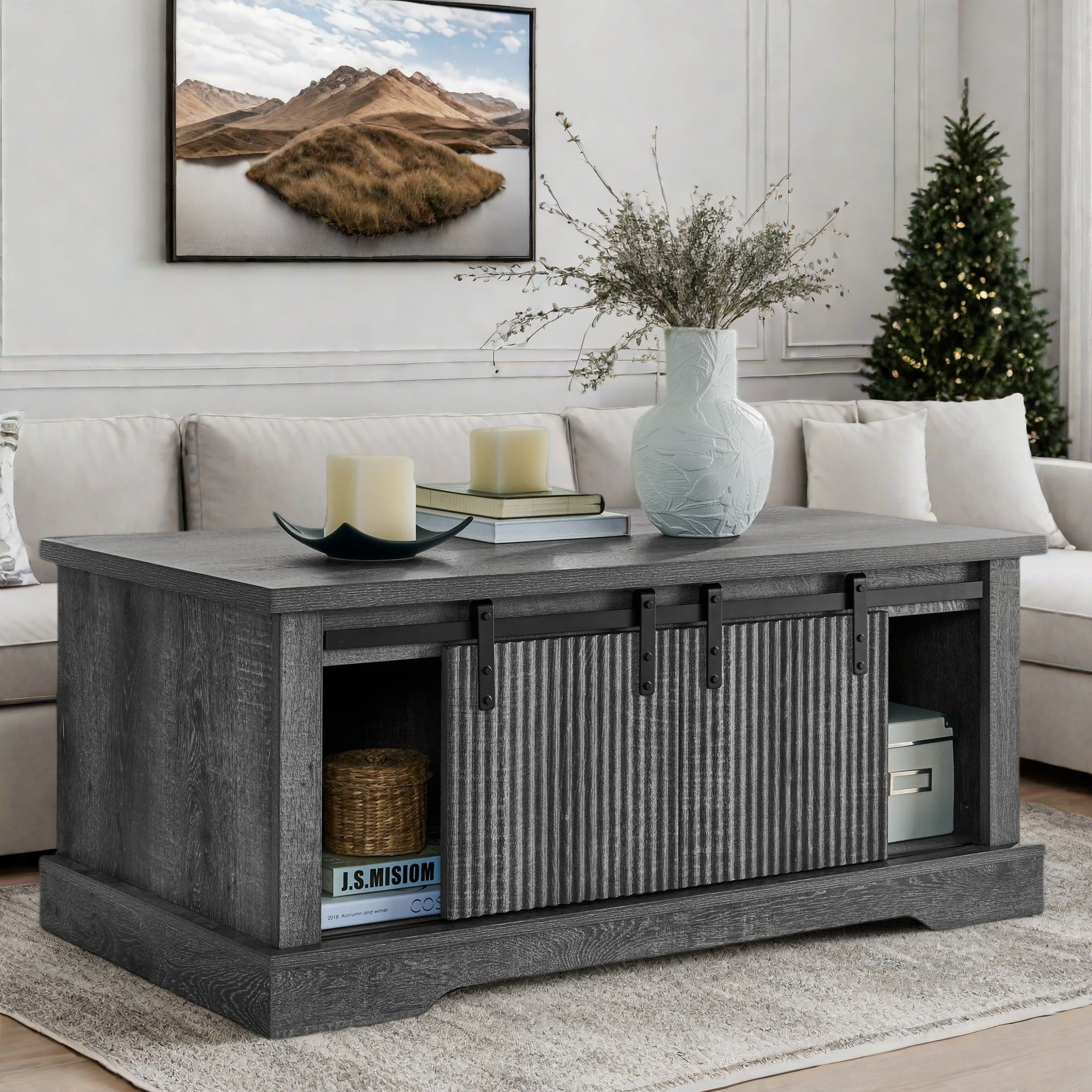 August Grove® Coffee Table With Storage And Sliding Wood Doors ...