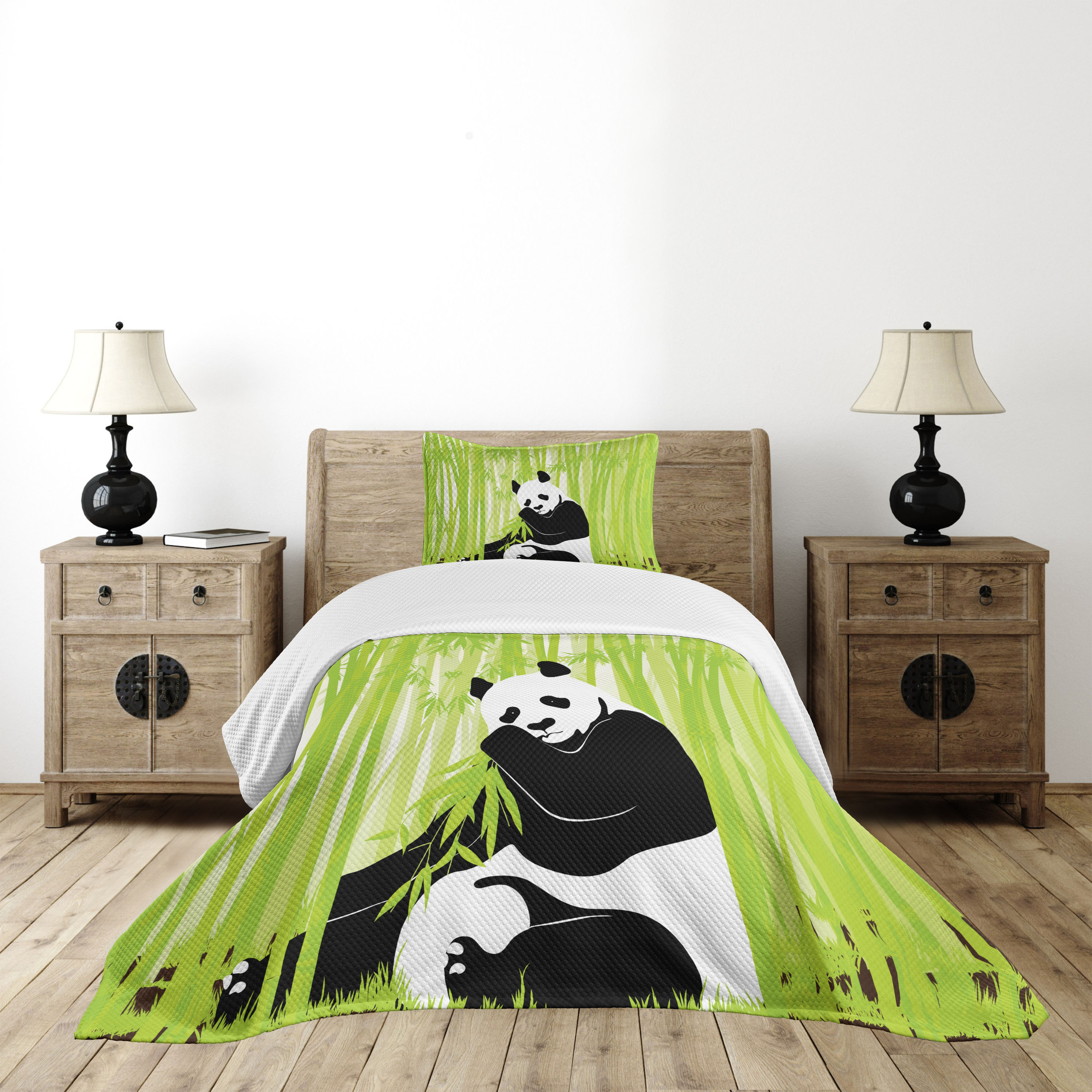 Ambesonne Animal Bedspread Set Panda in Wild Exotic Forest White Black ...